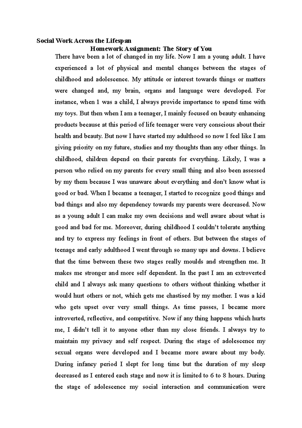 My Storyy - my story - Social Work Across the Lifespan Homework ...