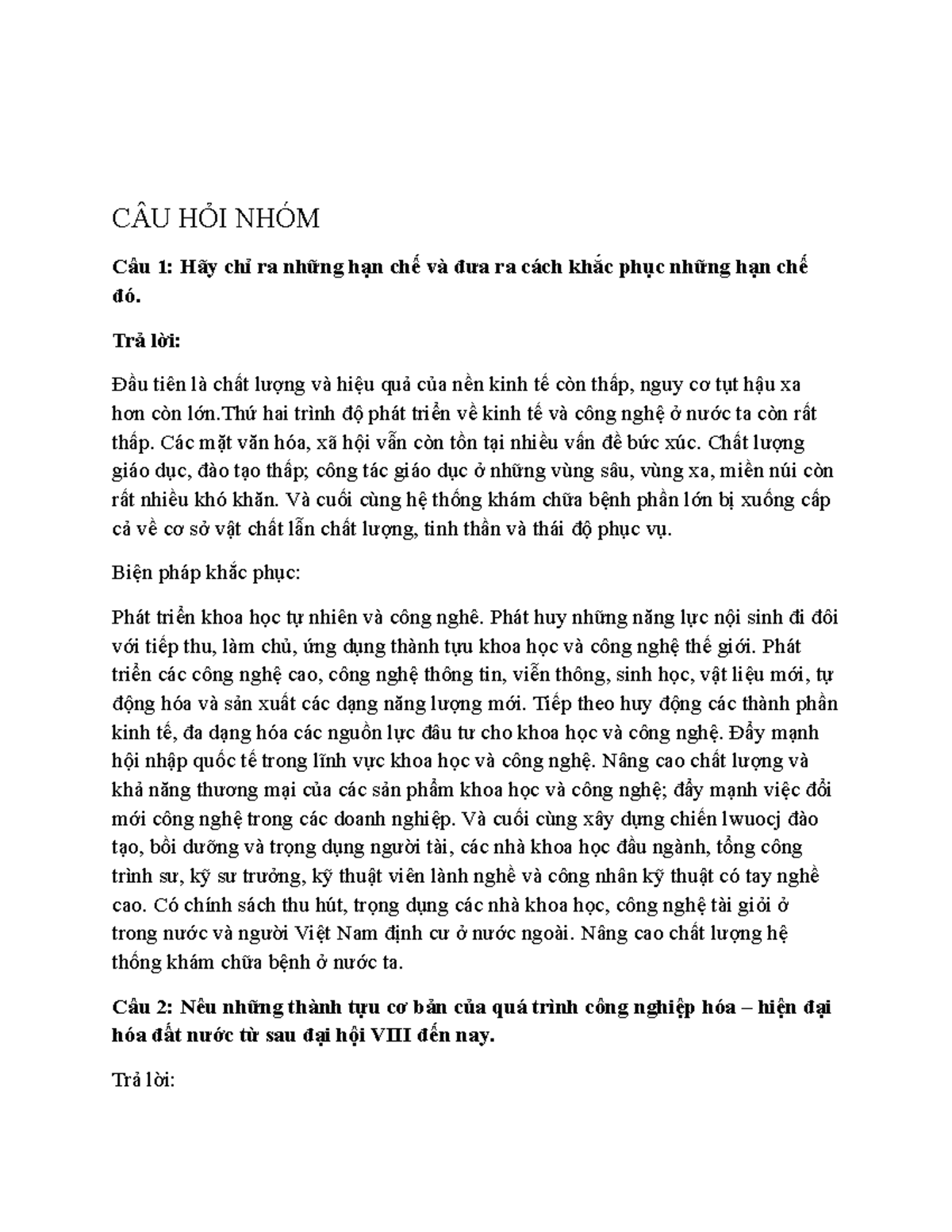 Câu Hỏi Nhóm Rất Hay CÂu HỎi NhÓm Câu 1 Hãy Chỉ Ra Những Hạn Chế Và đưa Ra Cách Khắc Phục