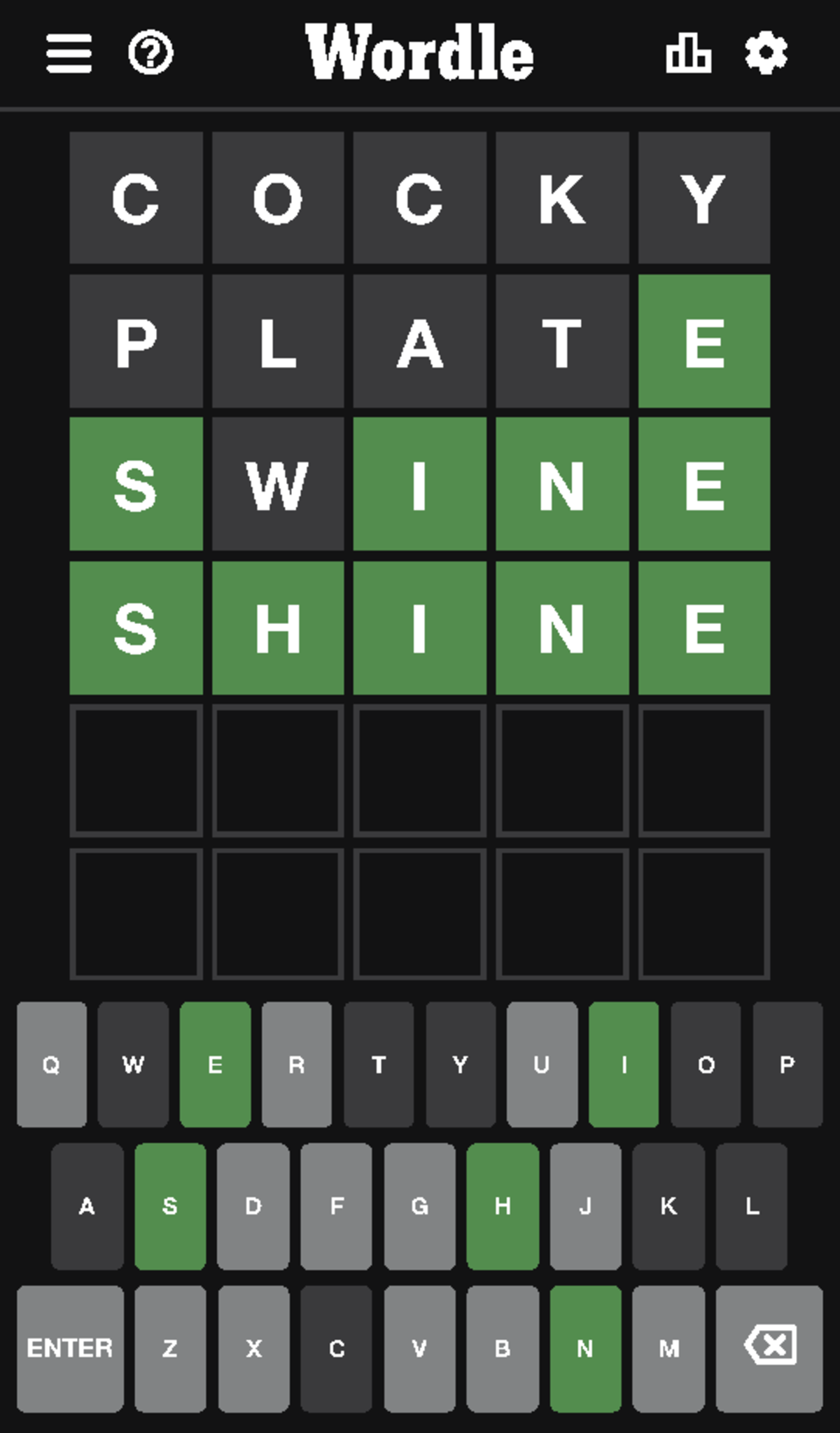Wordle - The New York Times 2 - Wordle C O C K Y P L A T E S W I N E S H I N E Q W E R T Y U I O ...