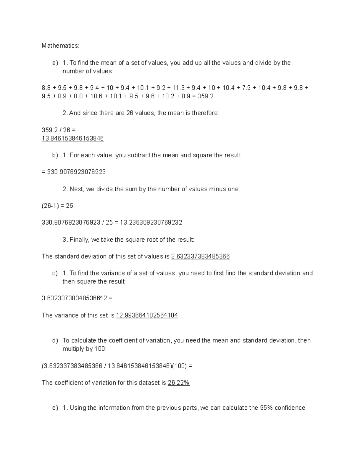 Pre-Calc Homework Question - Mathematics: a) 1. To find the mean of a ...
