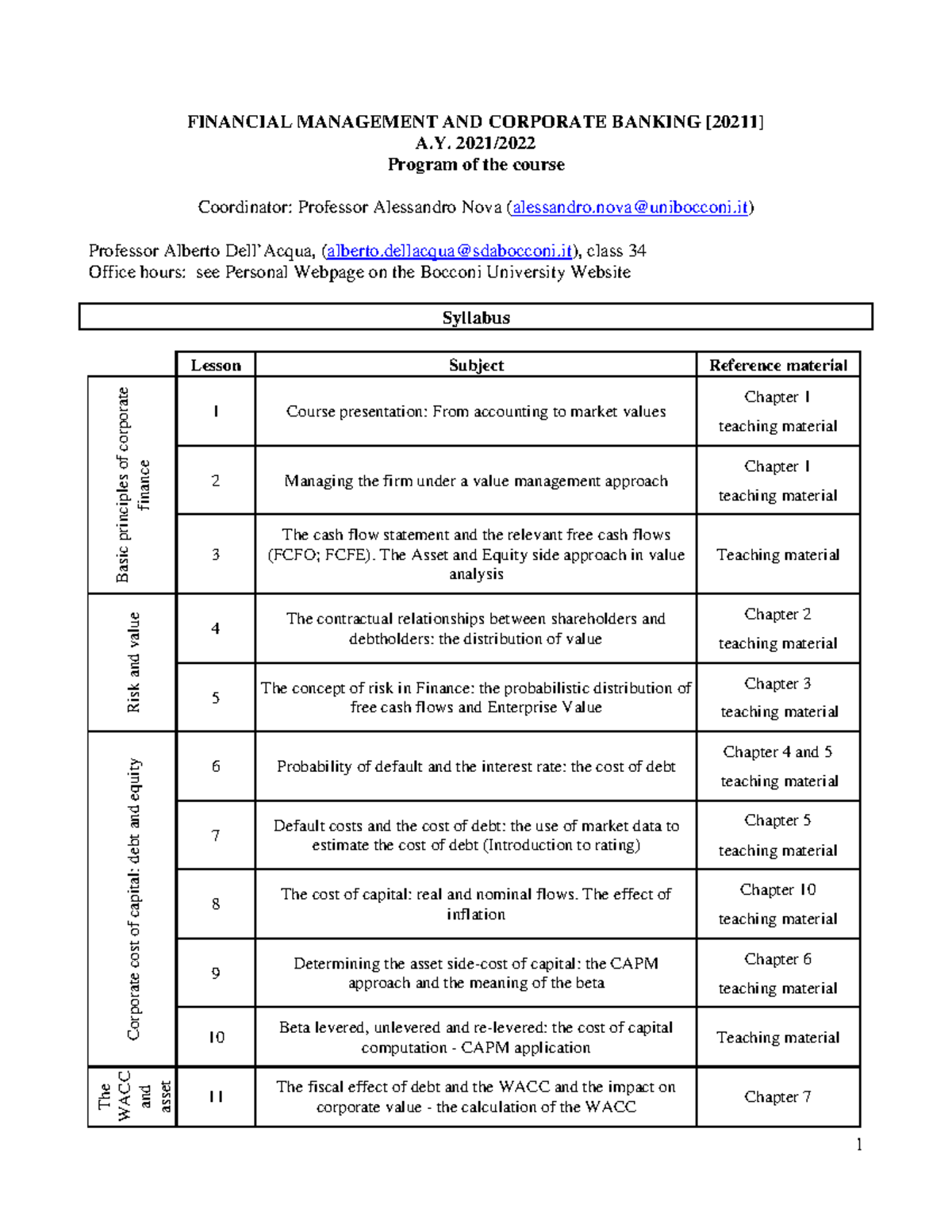 Syllabus corso 20211 - AA 2021-2022 ENG - 1 FINANCIAL MANAGEMENT AND ...