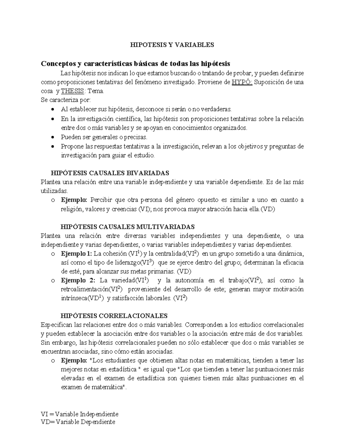 Hipotesis Y Variables - Nota: 100 - VI = Variable Independiente ...