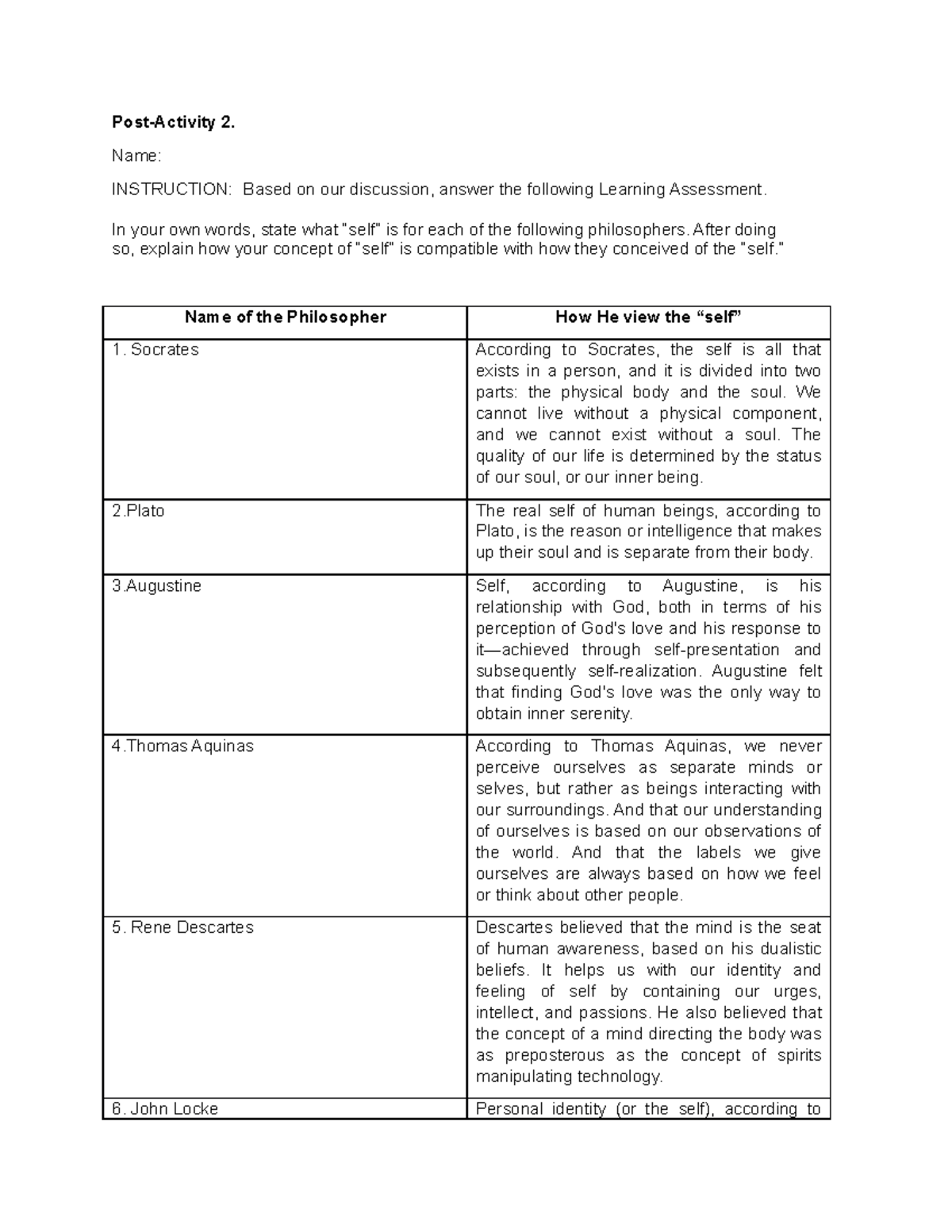 Post-Activity 2 - Name: INSTRUCTION: Based on our discussion, answer ...