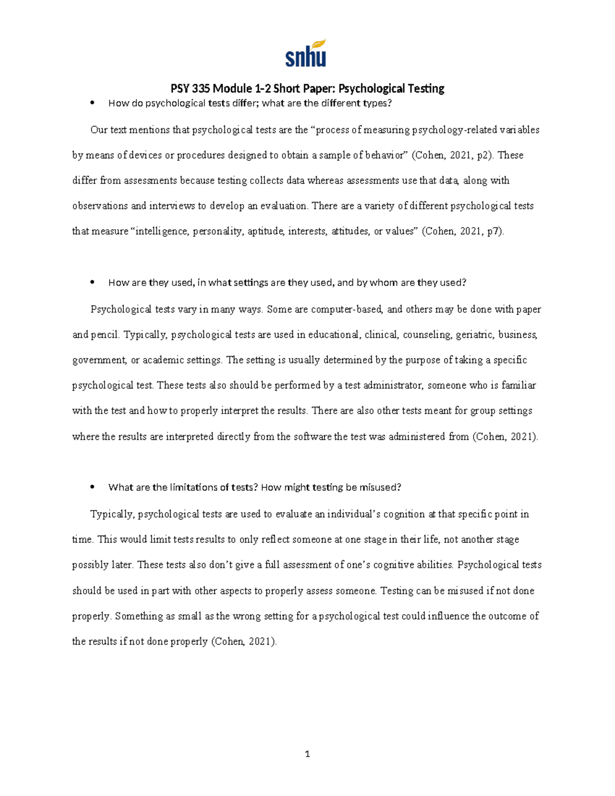 PSY 335 Module 1-2 Short Paper - These differ from assessments because ...