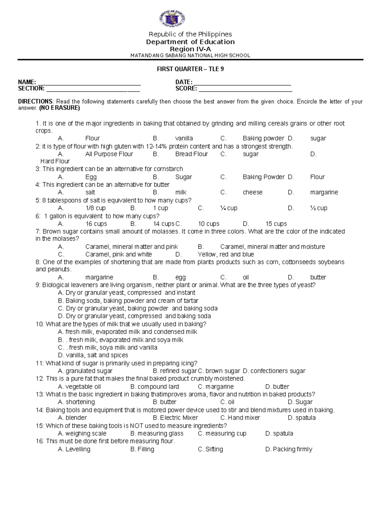 TLE 9 EXAM - GRADE 9 TLE EXAM - Republic of the Philippines Department ...
