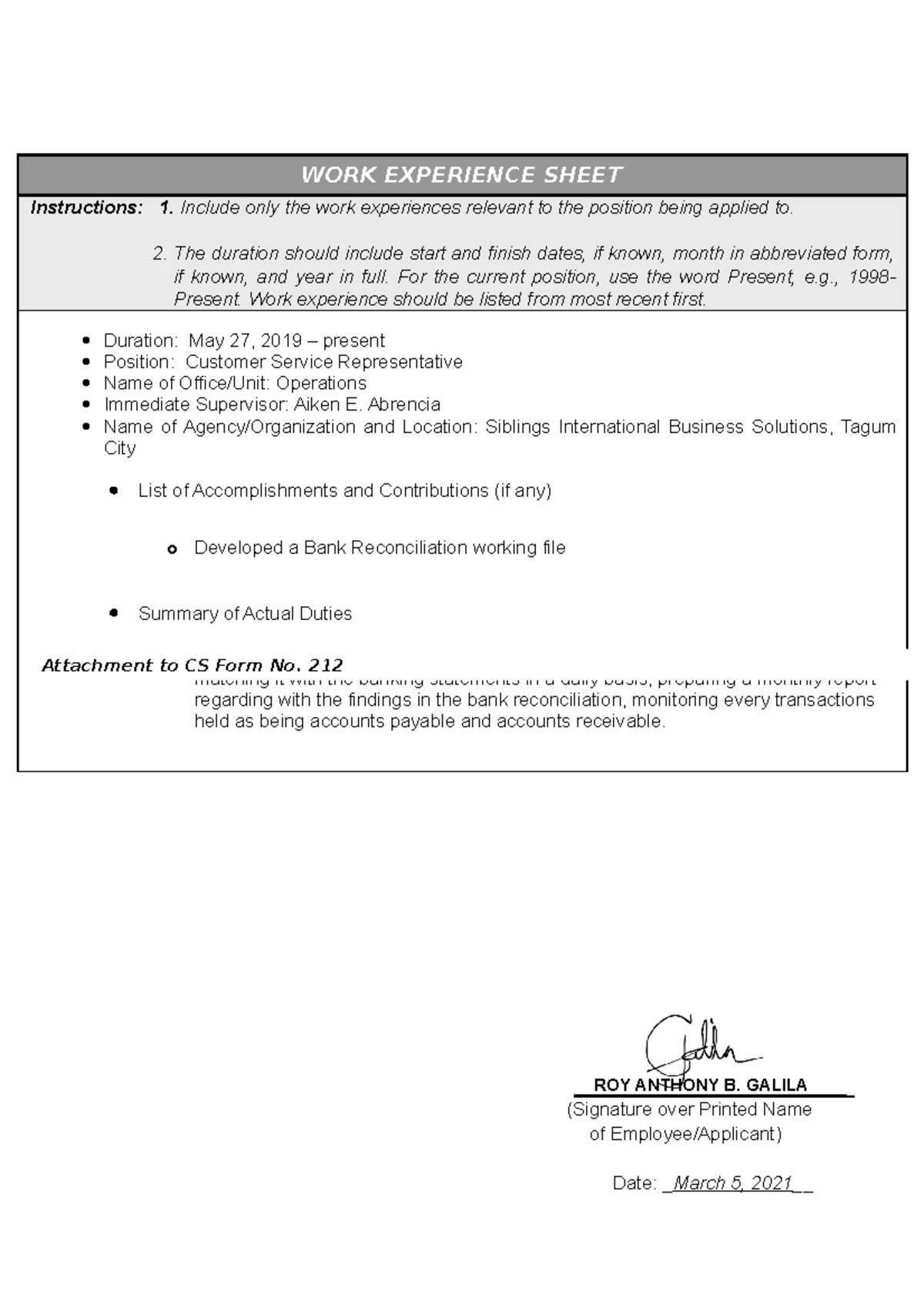 CS Form No. 212 Attachment - Work Experience Sheet - Roy - WORK ...
