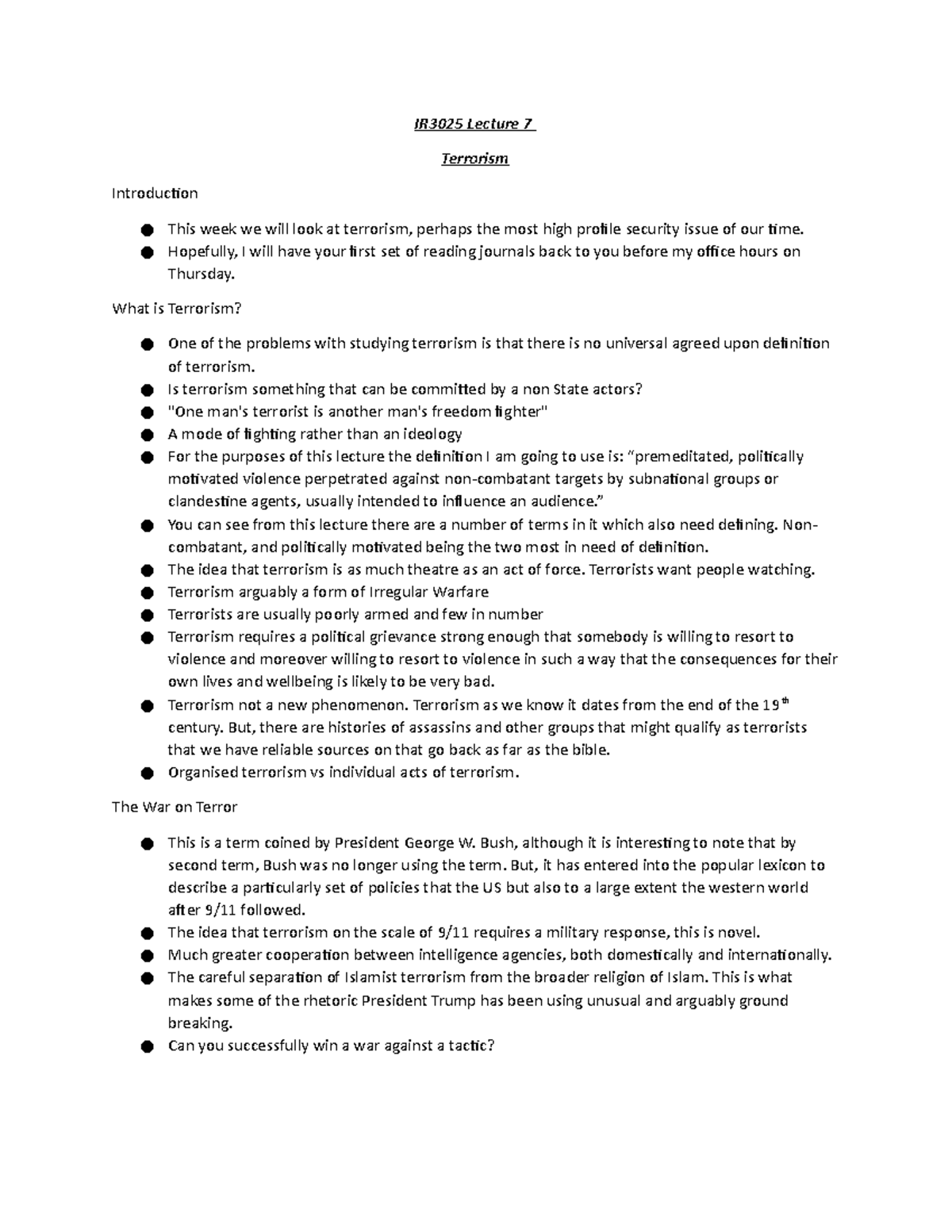 Lecture 7 - Terrorism - IR3025 Lecture 7 Terrorism Introduction This ...