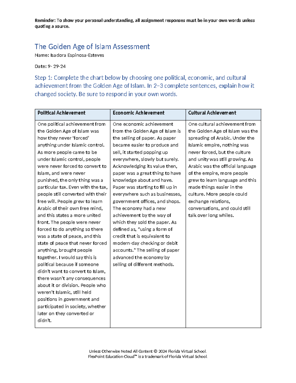The Golden Age of Islam Assessment - Reminder: To show your personal ...