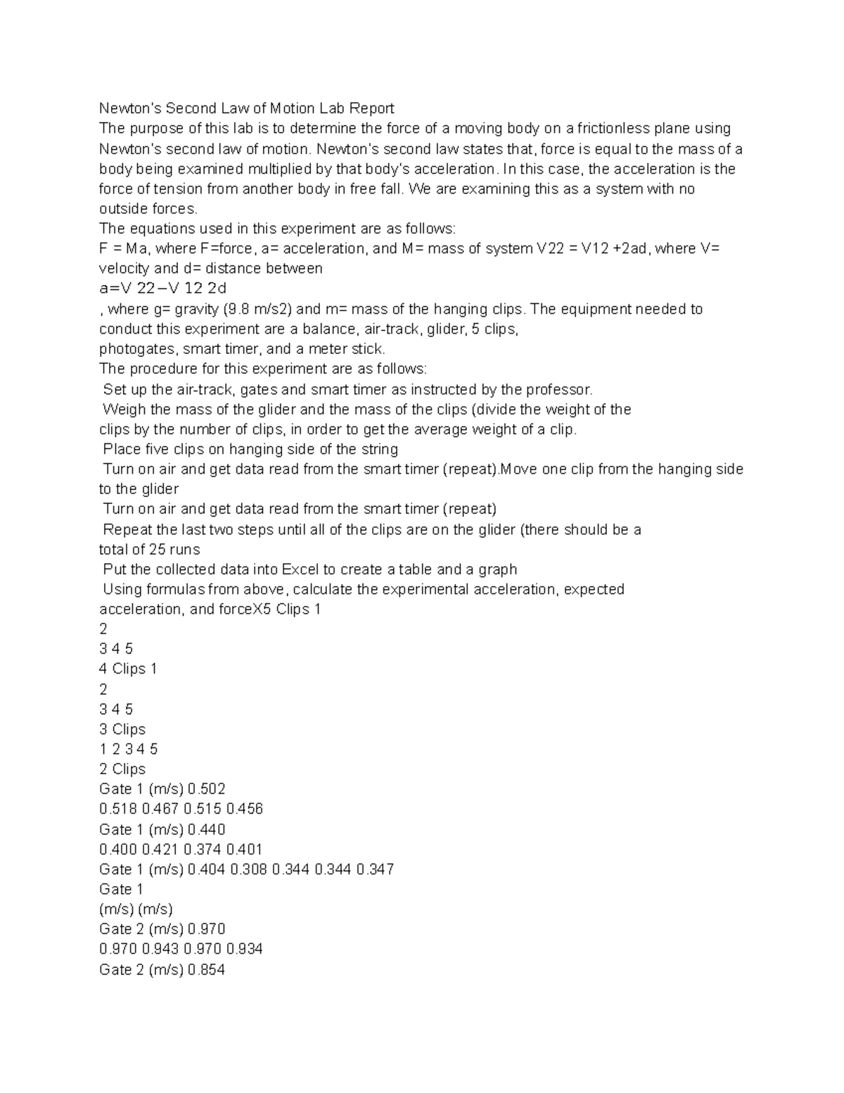 Newtons Second Law of Motion Lab Report - Newton’s second law states ...