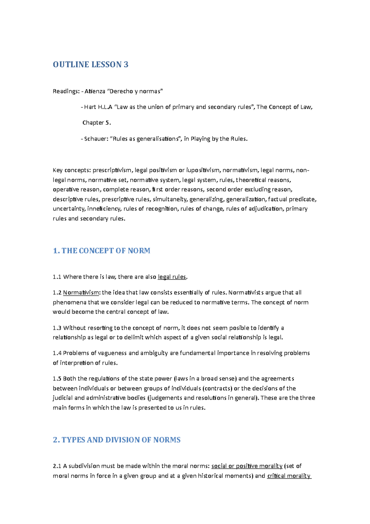 3rd Lesson Outline - OUTLINE LESSON 3 Readings: - Atienza “Derecho y ...