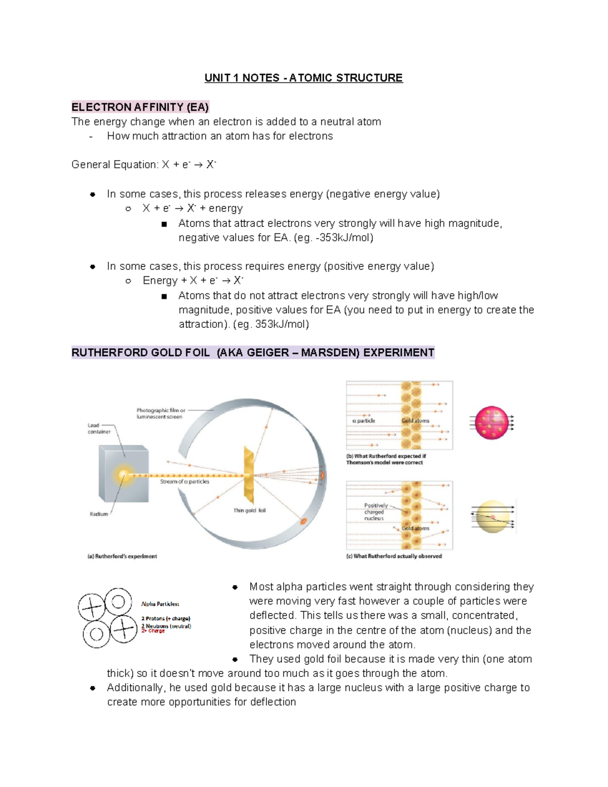 Unit 1 Notes Atomic Structure Chemistry Unit 1 Notes Atomic Structure Electron Affinity