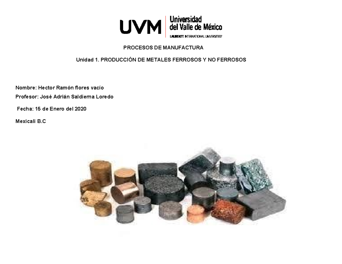 A1 HRFV - procesos de manufactura - Unidad 1. PRODUCCI”N DE METALES FERROSOS Y NO FERROSOS ...