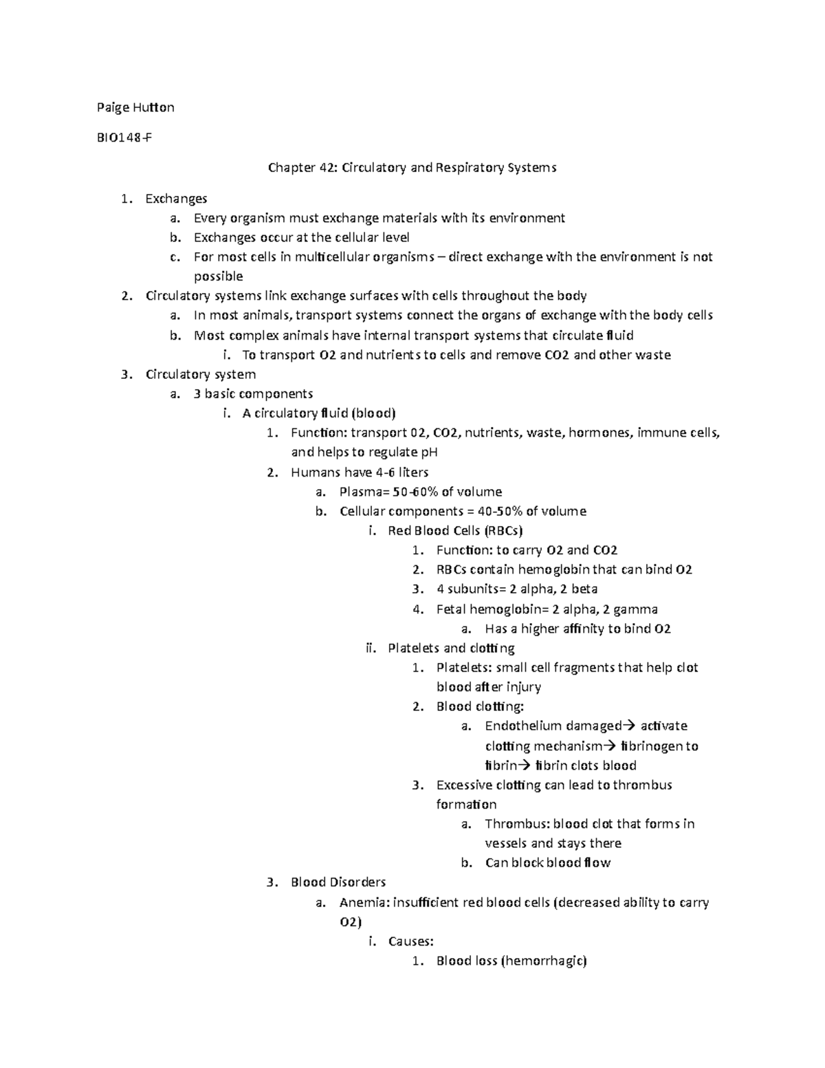 BIO148 Chapter 42 Notes - Paige Hutton BIO148-F Chapter 42: Circulatory ...