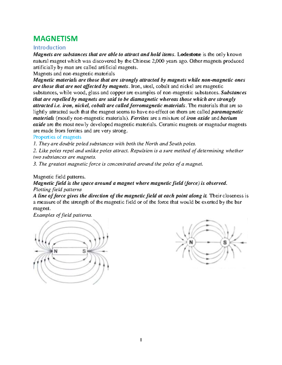 Magnetism - summary notes - 1 MAGNETISM Introduction Magnets are ...