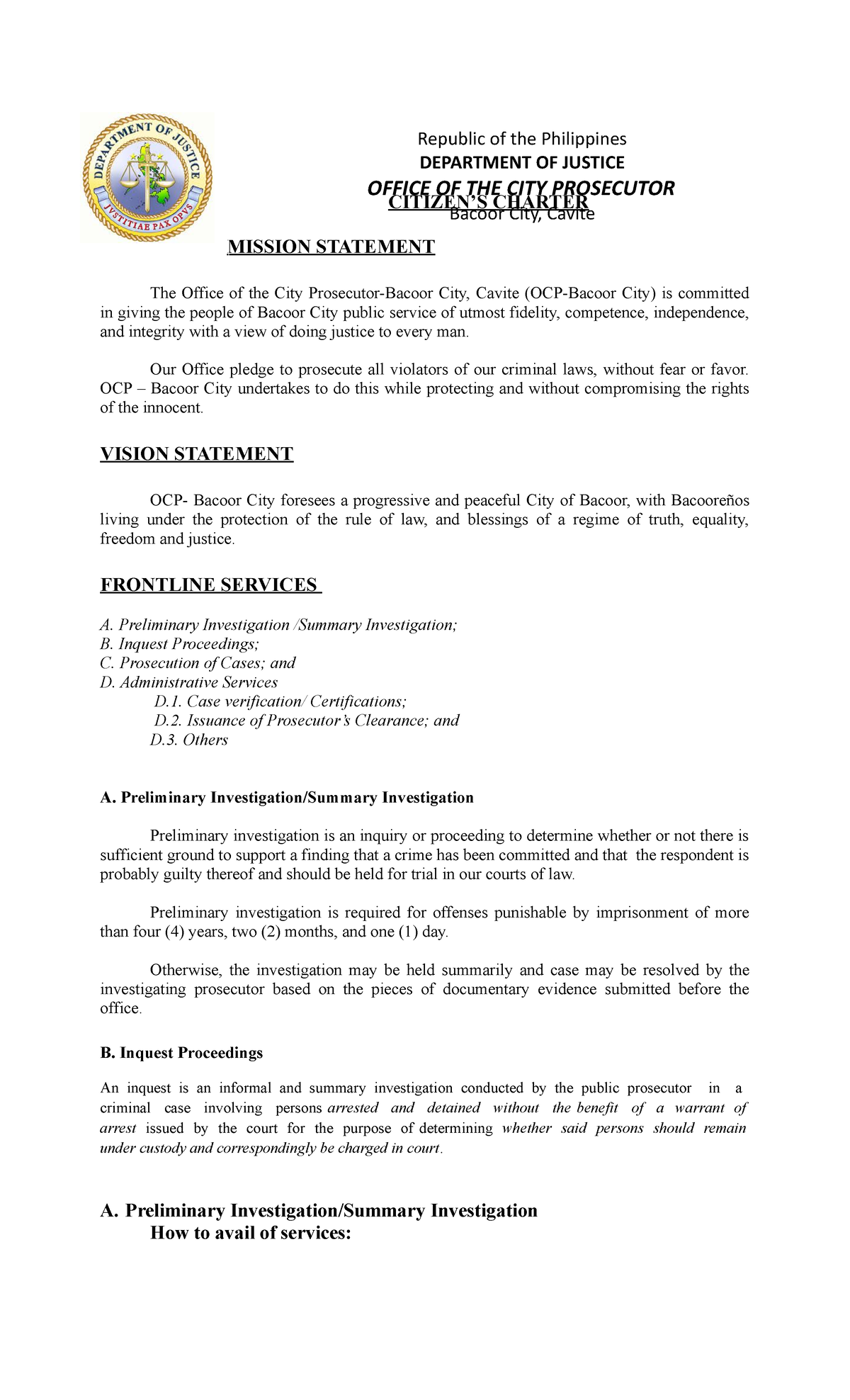 OCP Bacoor City - 7 Penal Institution of the Philippines - CITIZEN’S ...
