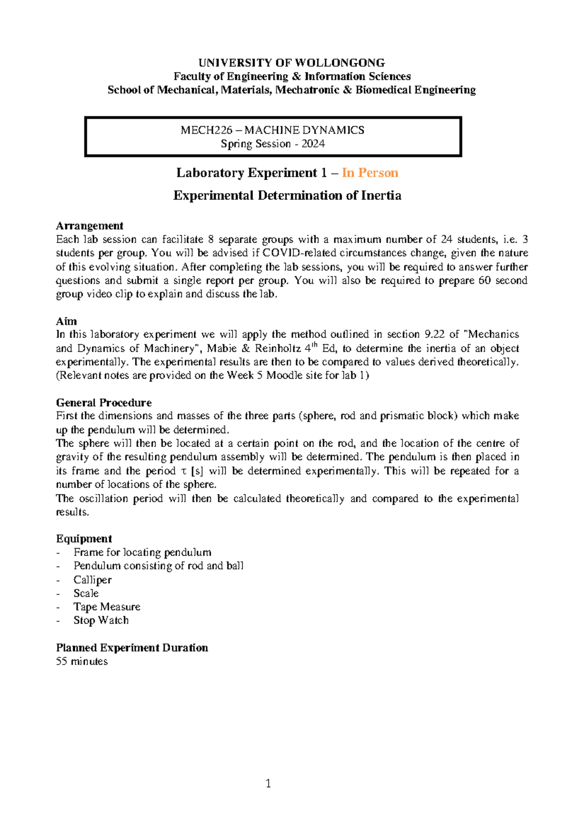 MECH226 lab 1 Inertia Determination - UNIVERSITY OF WOLLONGONG Faculty of Engineering & - Studocu