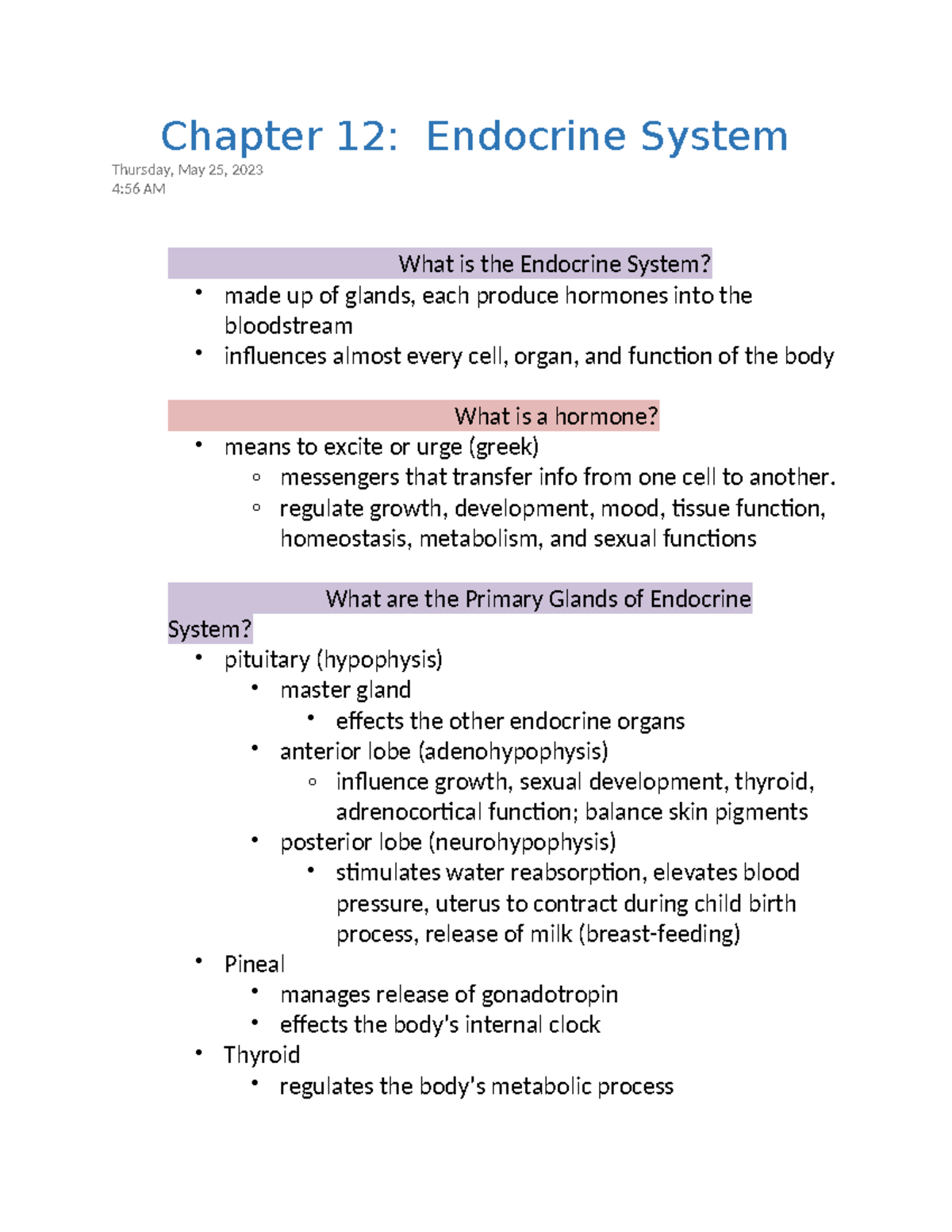 Chapter 12 - Notes - Chapter 12: Endocrine System Thursday, May 25 ...