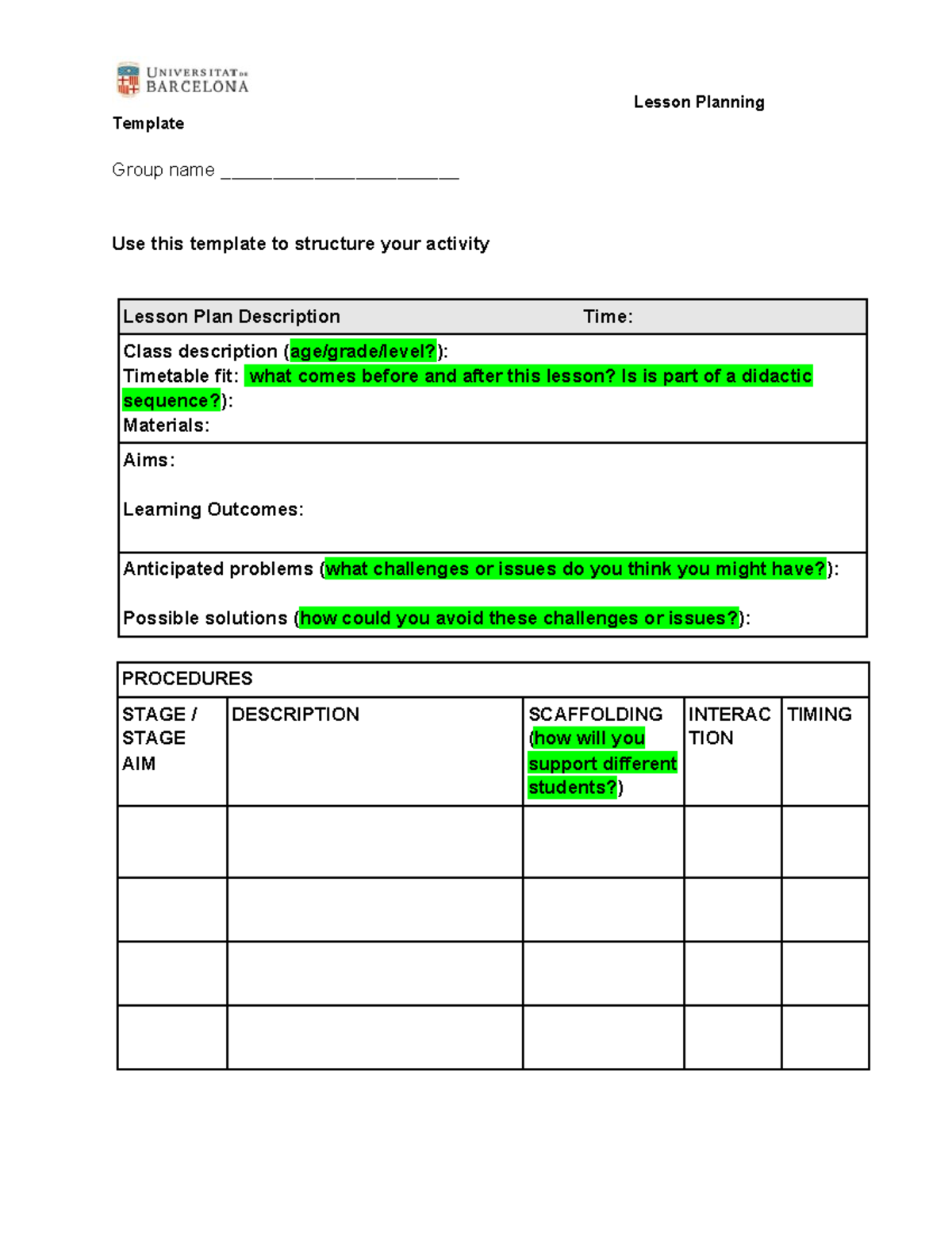 Lesson plan template 2023- 2024 - Lesson Planning Template Group name