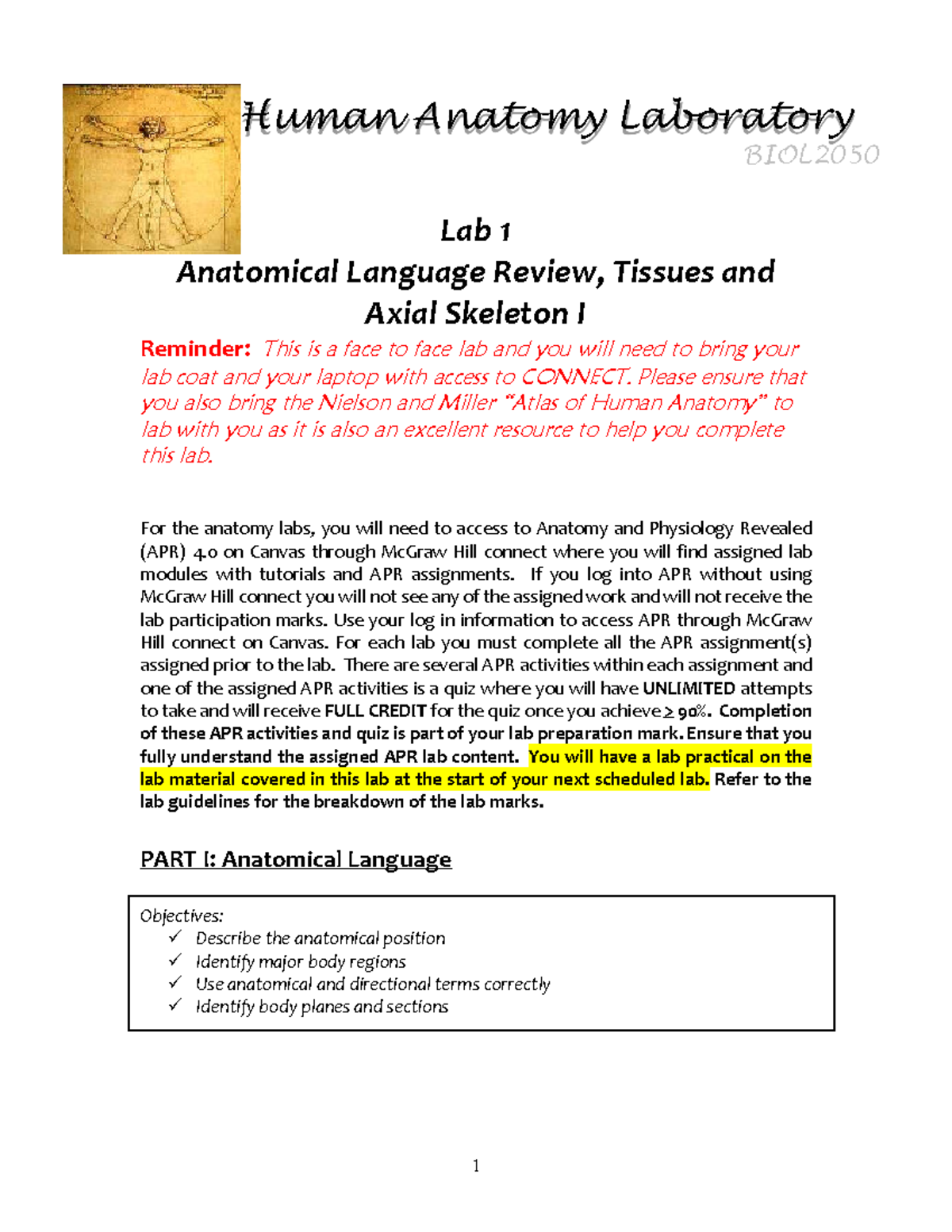 BIOL2050 Lab 1 2024 - Lab 1 Anatomical Language Review, Tissues and ...