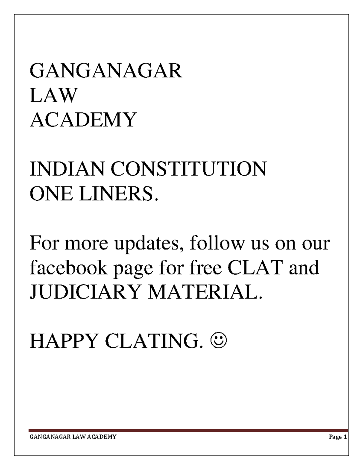 Constitution One liner-1 - GANGANAGAR LAW ACADEMY INDIAN CONSTITUTION ...
