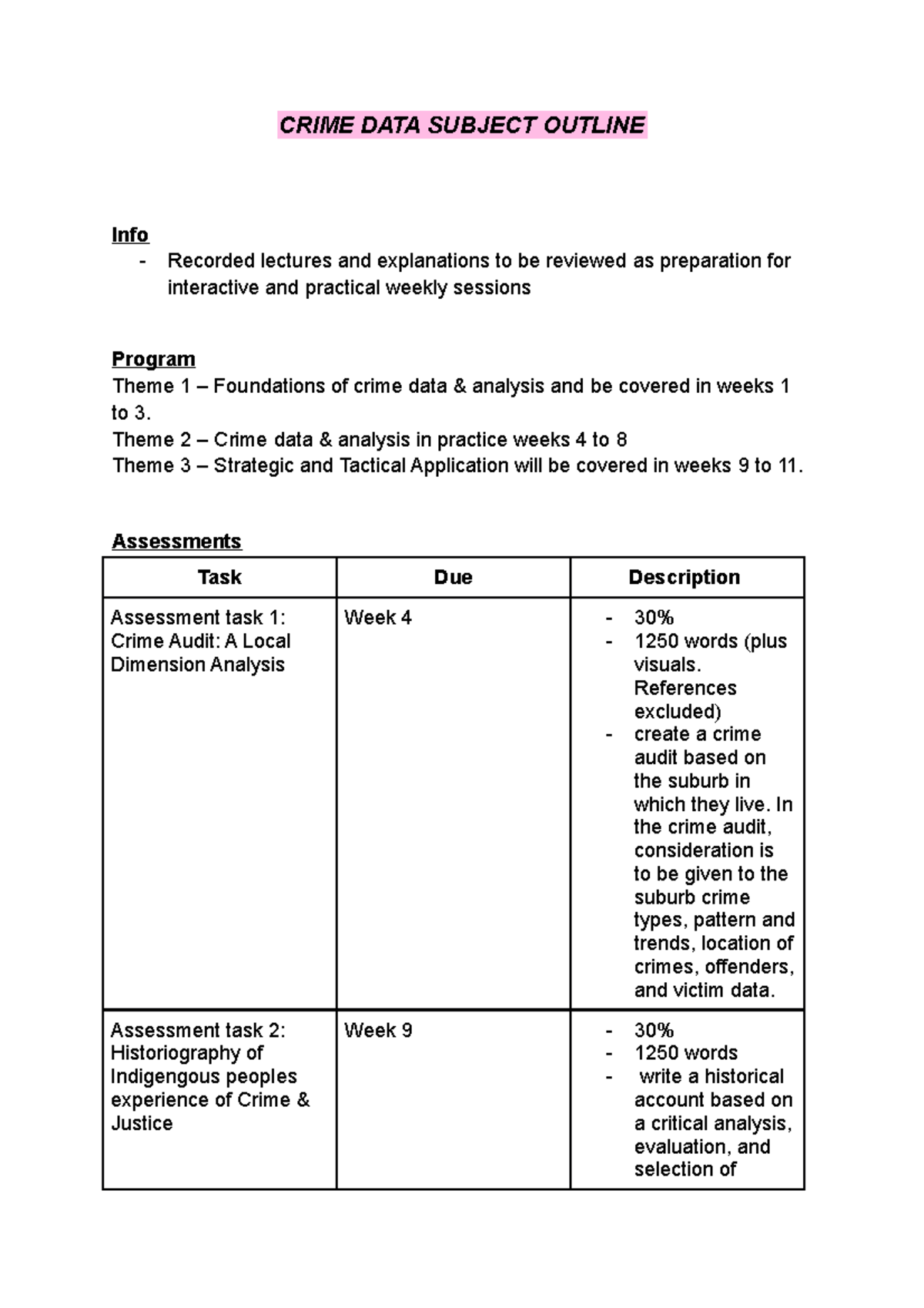 Subject Outline - CRIME DATA SUBJECT OUTLINE Info - Recorded lectures ...
