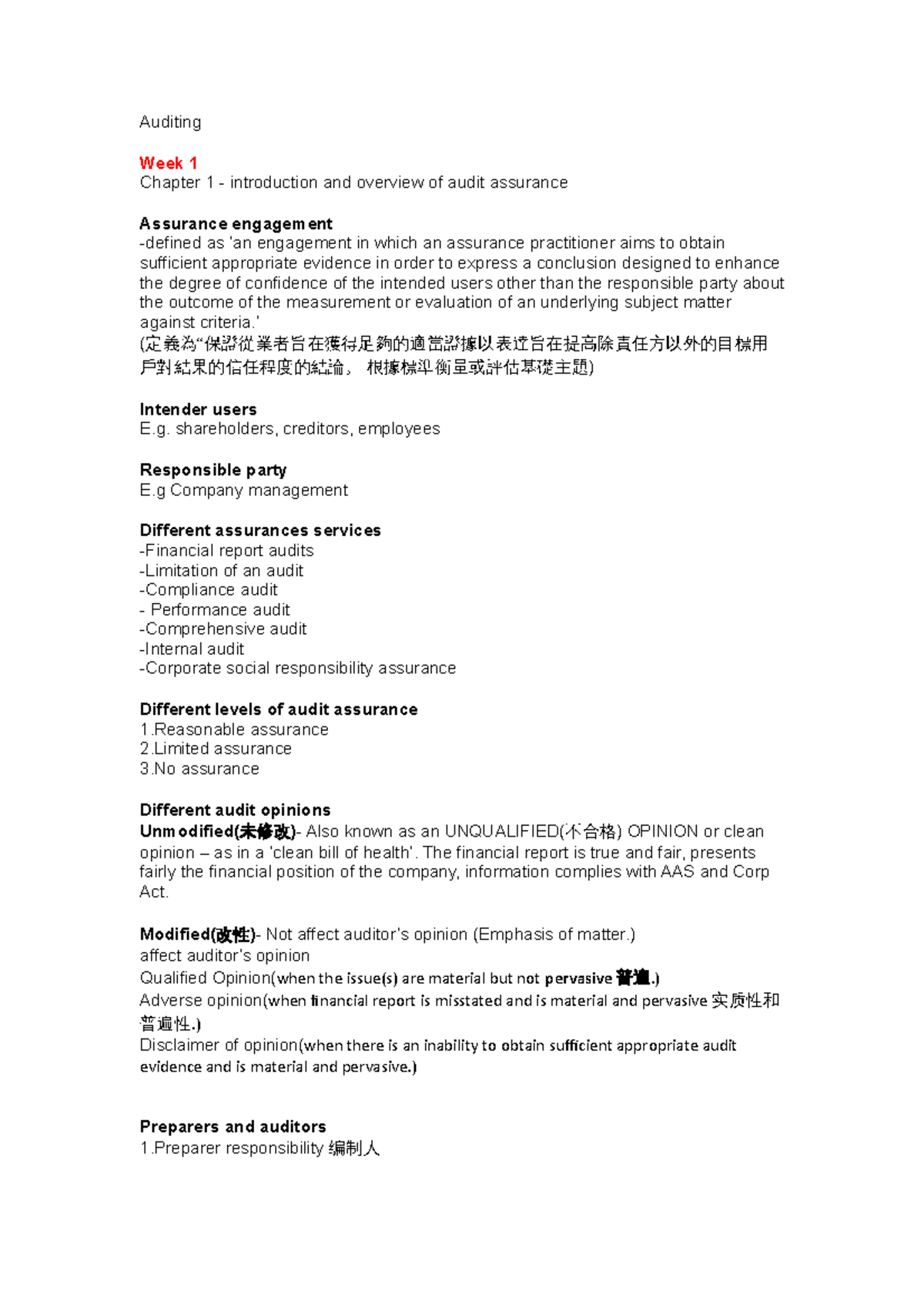Auditing Lecture Notes 1 2 Auditing Week 1 Chapter 1 Introduction And Overview Of Audit