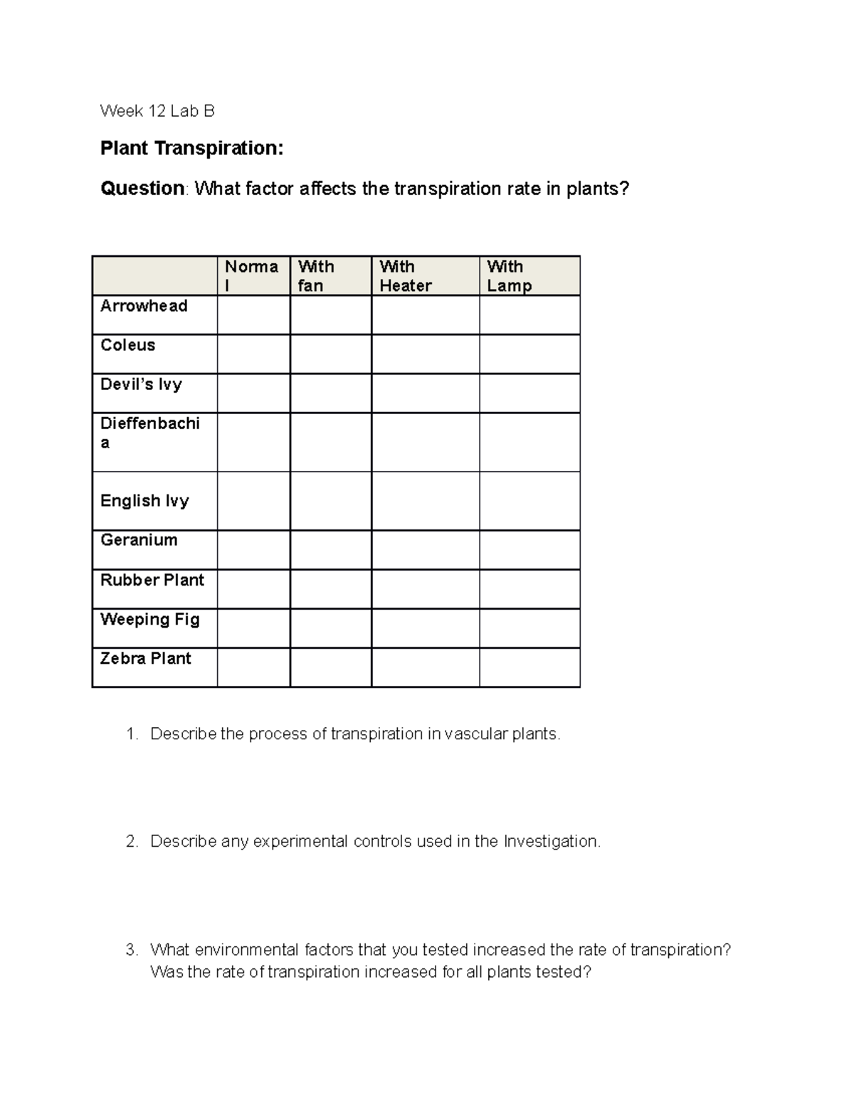 Week 12 Lab B Worksheet - Week 12 Lab B Plant Transpiration: Question ...