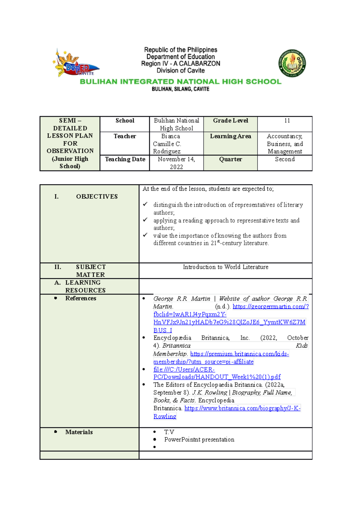 Lpintroduction TO World Literature - SEMI – DETAILED LESSON PLAN FOR ...