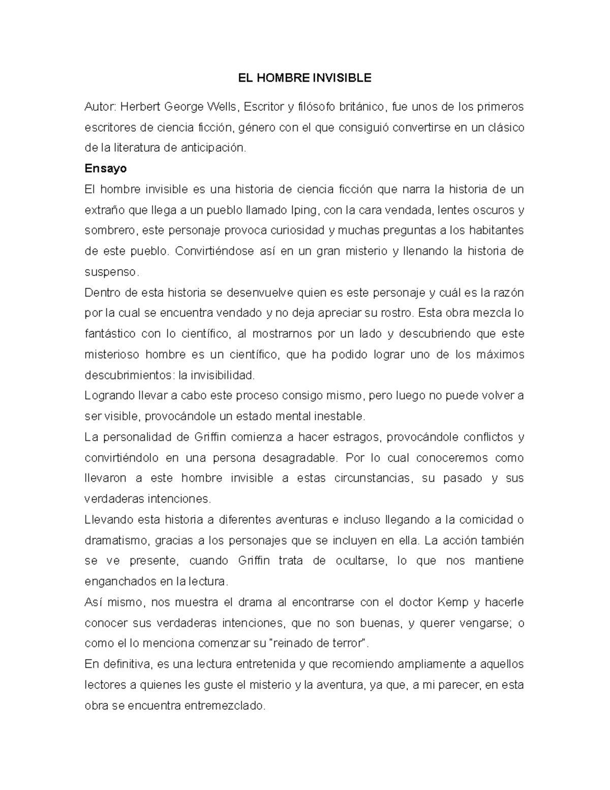 EL Hombre Invisible - EL HOMBRE INVISIBLE Autor: Herbert George Wells ...