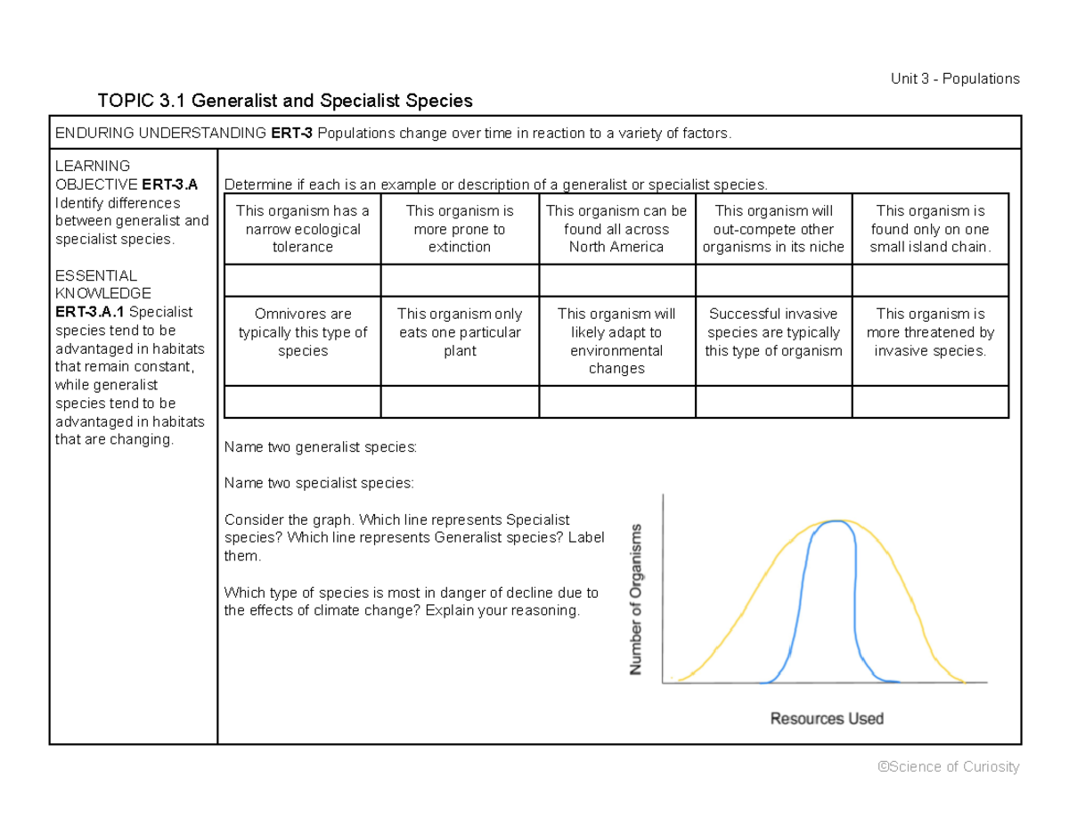 Student Copy Unit 3 Populations - TOPIC 3 Generalist and Specialist ...