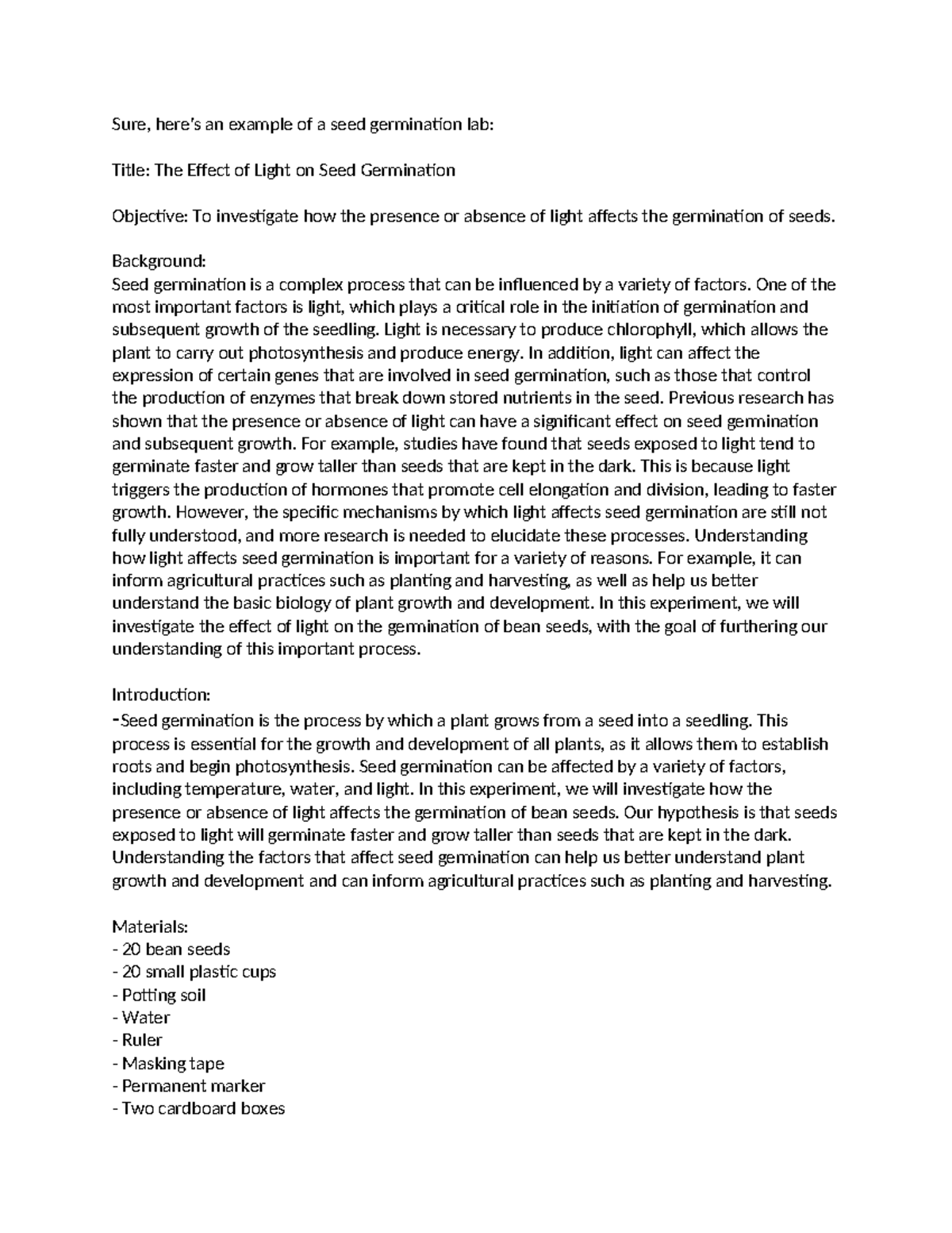 Seed Germination labb - Class work - Sure, here's an example of a seed ...