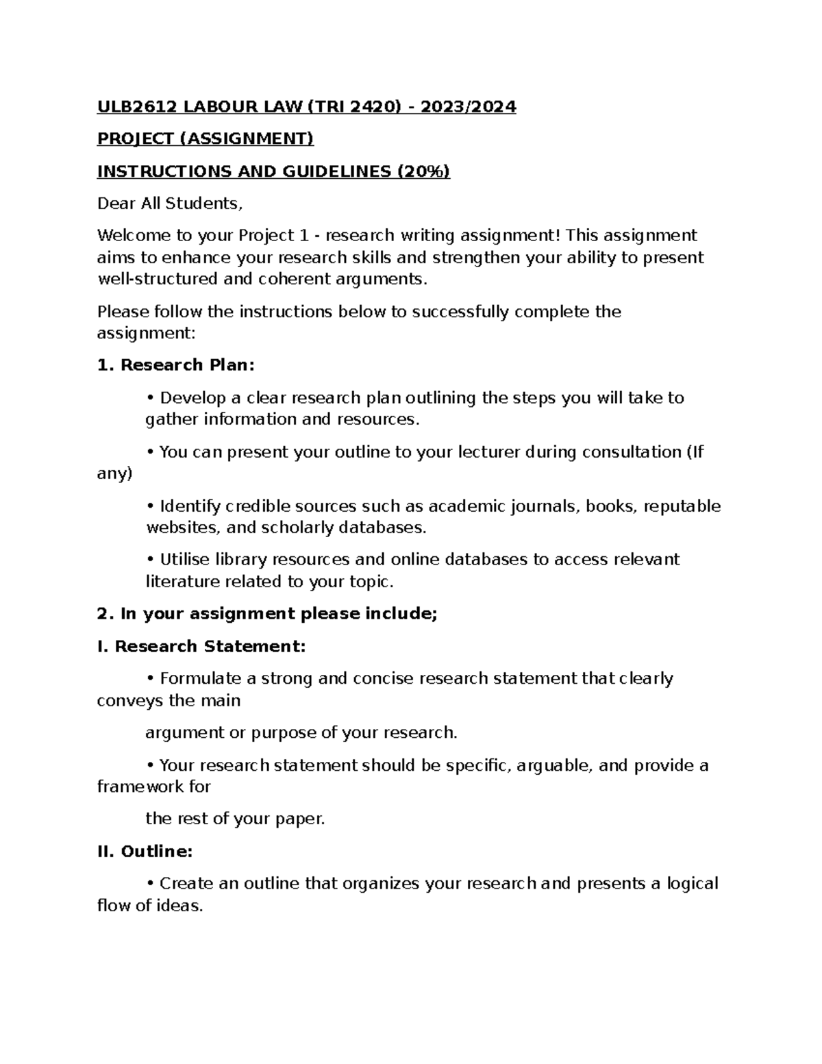 Instructions Guideline - ULB2612 LABOUR LAW (TRI 2420) - 2023/ PROJECT ...