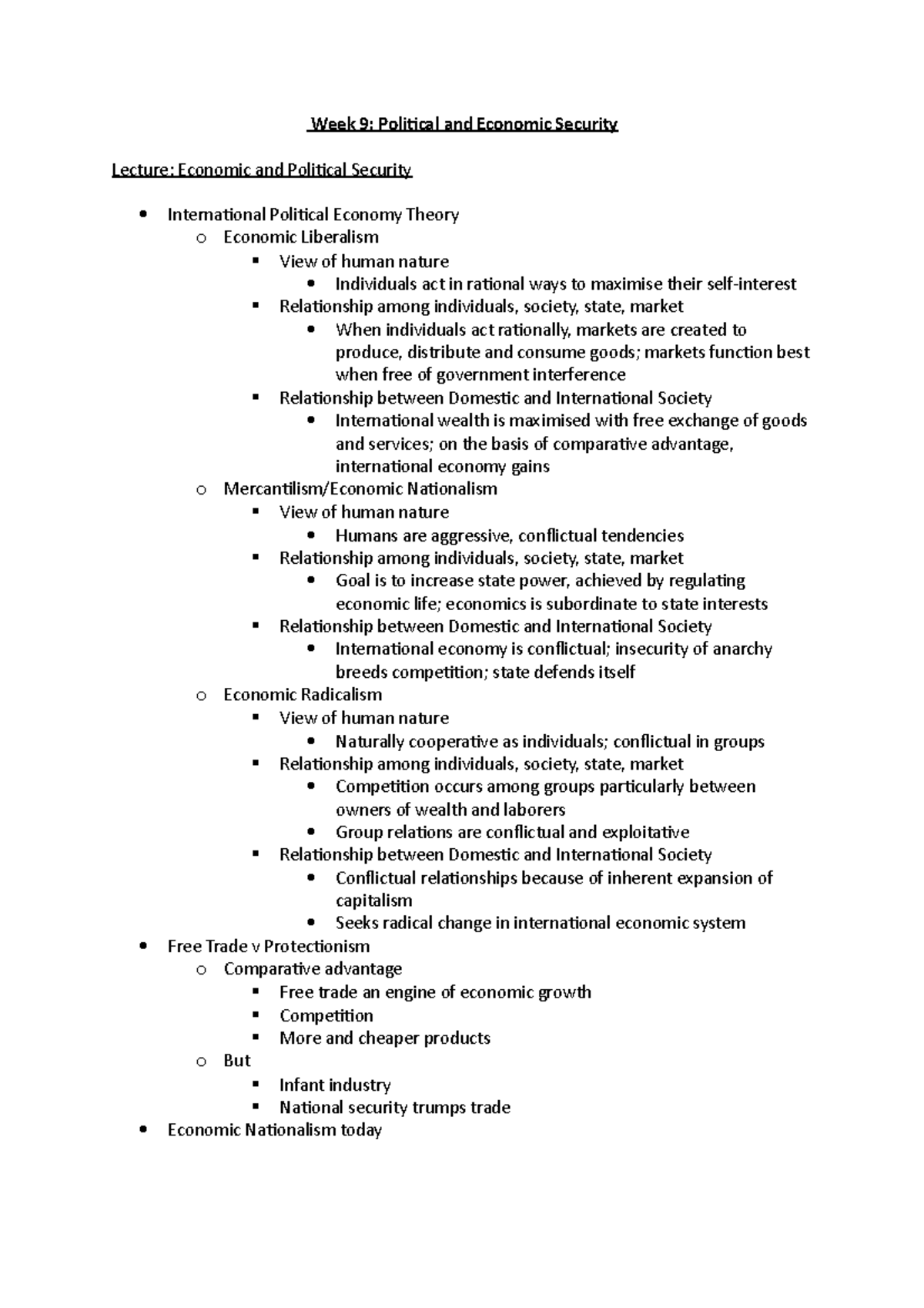 Week 9 Summary Notes - Week 9: Political and Economic Security Lecture ...