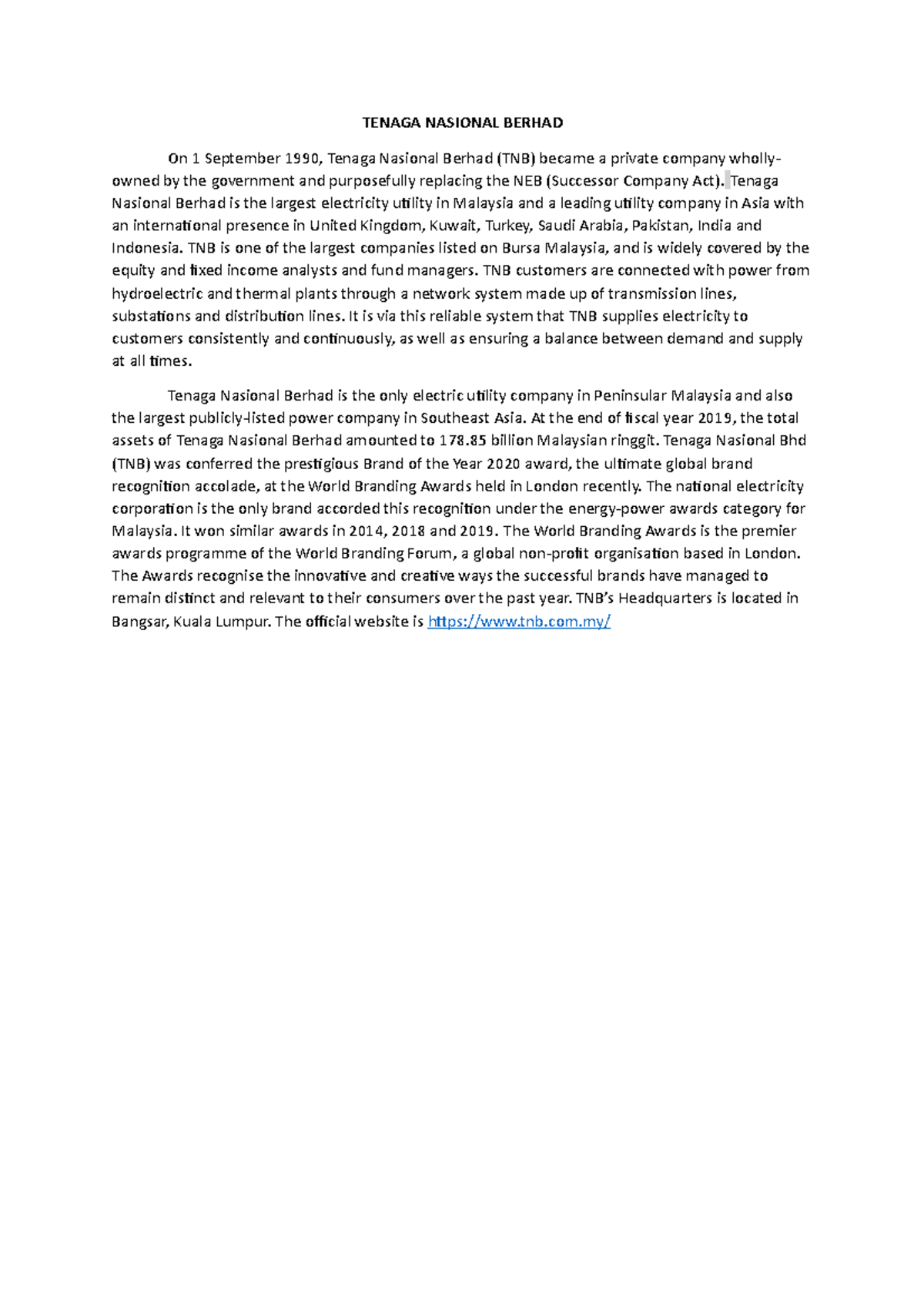 TNB new - coursework elc - TENAGA NASIONAL BERHAD On 1 September 1990 ...