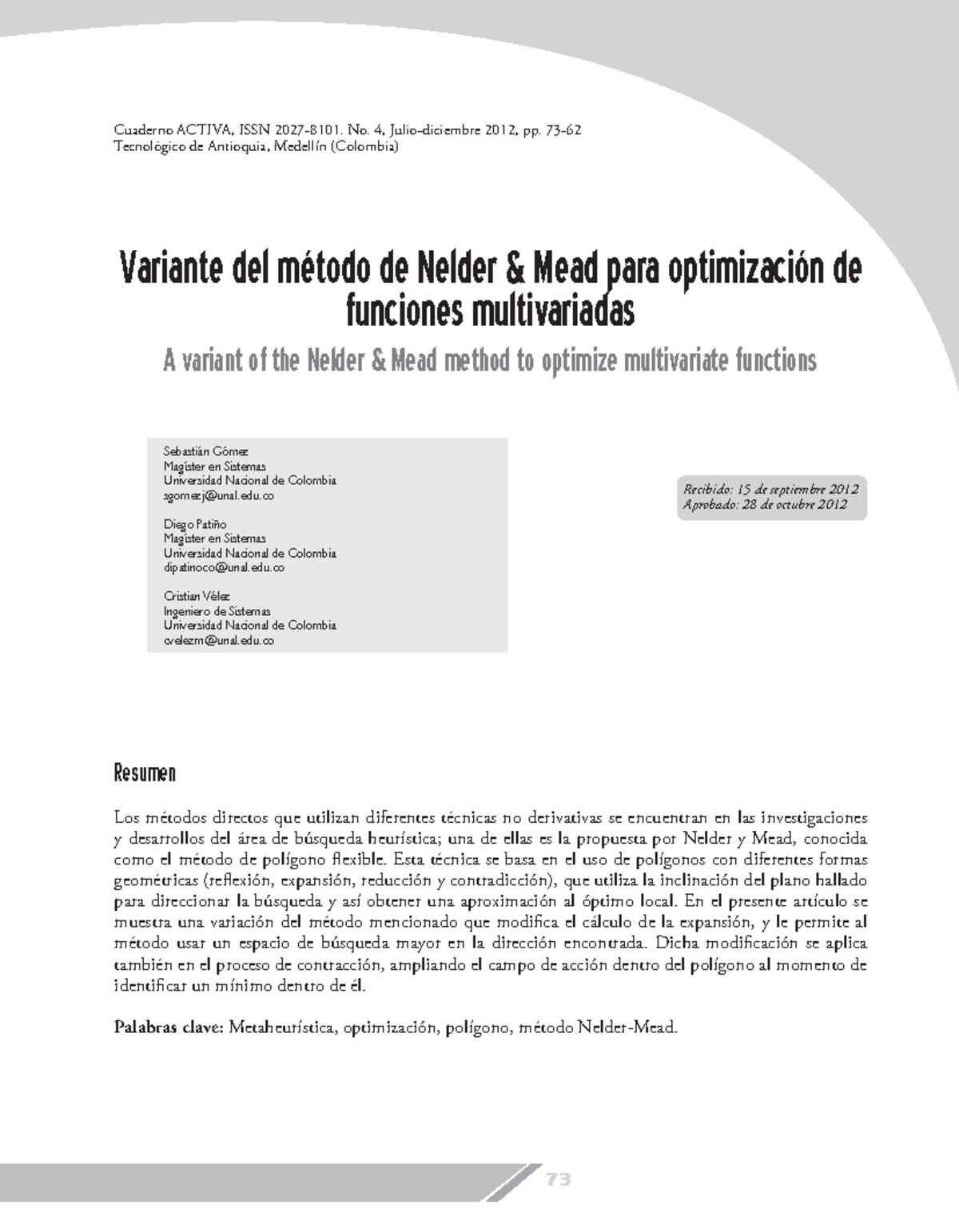 Metodo de Nelder-Mead para funciones de varias variables - ####### 73 Variante del método de ...