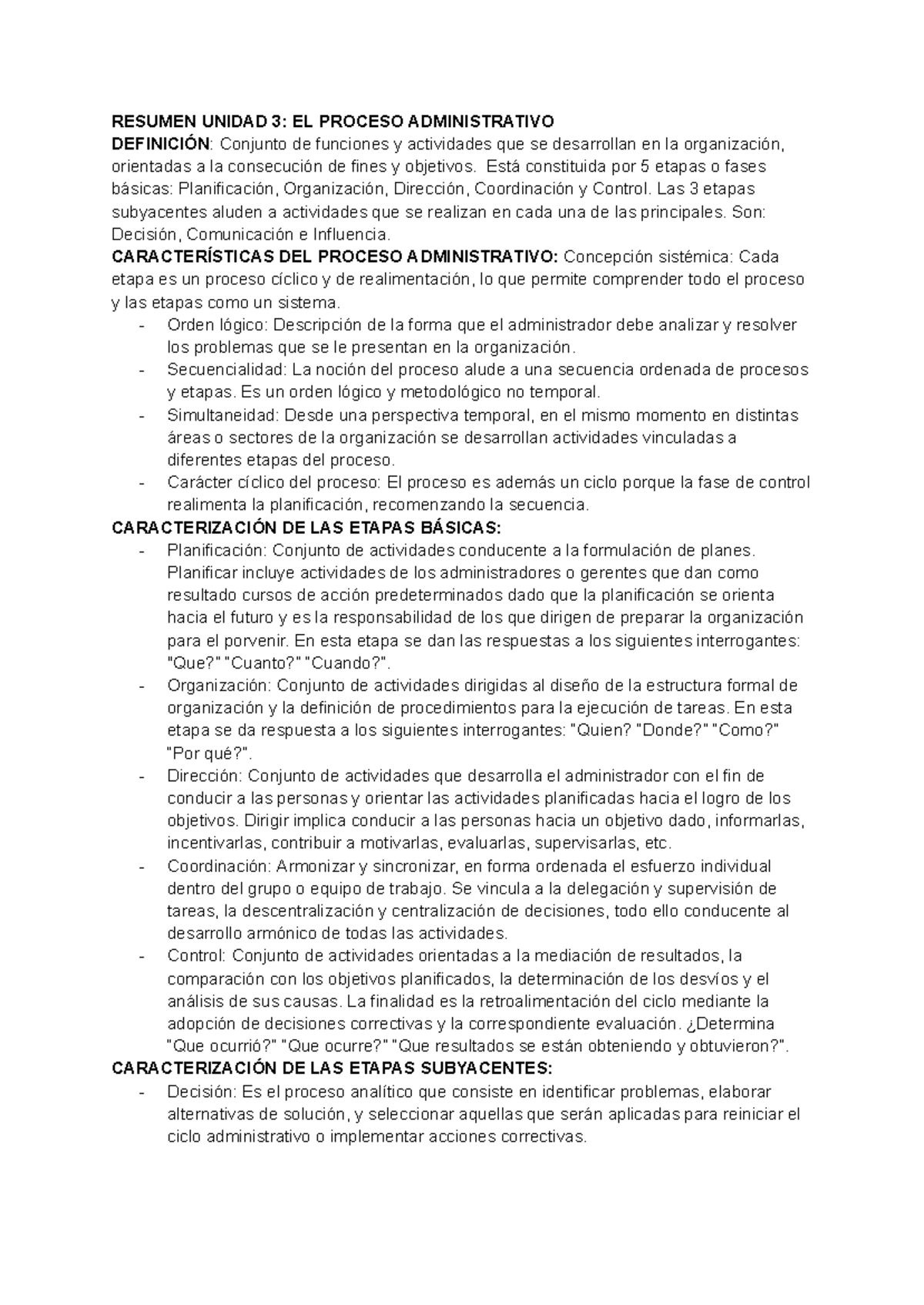 Administración resumen unidad 3 - RESUMEN UNIDAD 3: EL PROCESO ...