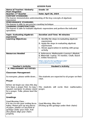 A Detailed Lesson PLAN IN Mathematics 7 (algebraic Expression) am-am lesson plan - A DETAILED ...