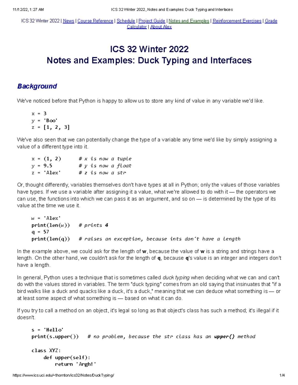 ICS 32 Winter 2022, Notes and Examples Duck Typing and Interfaces - ICS ...