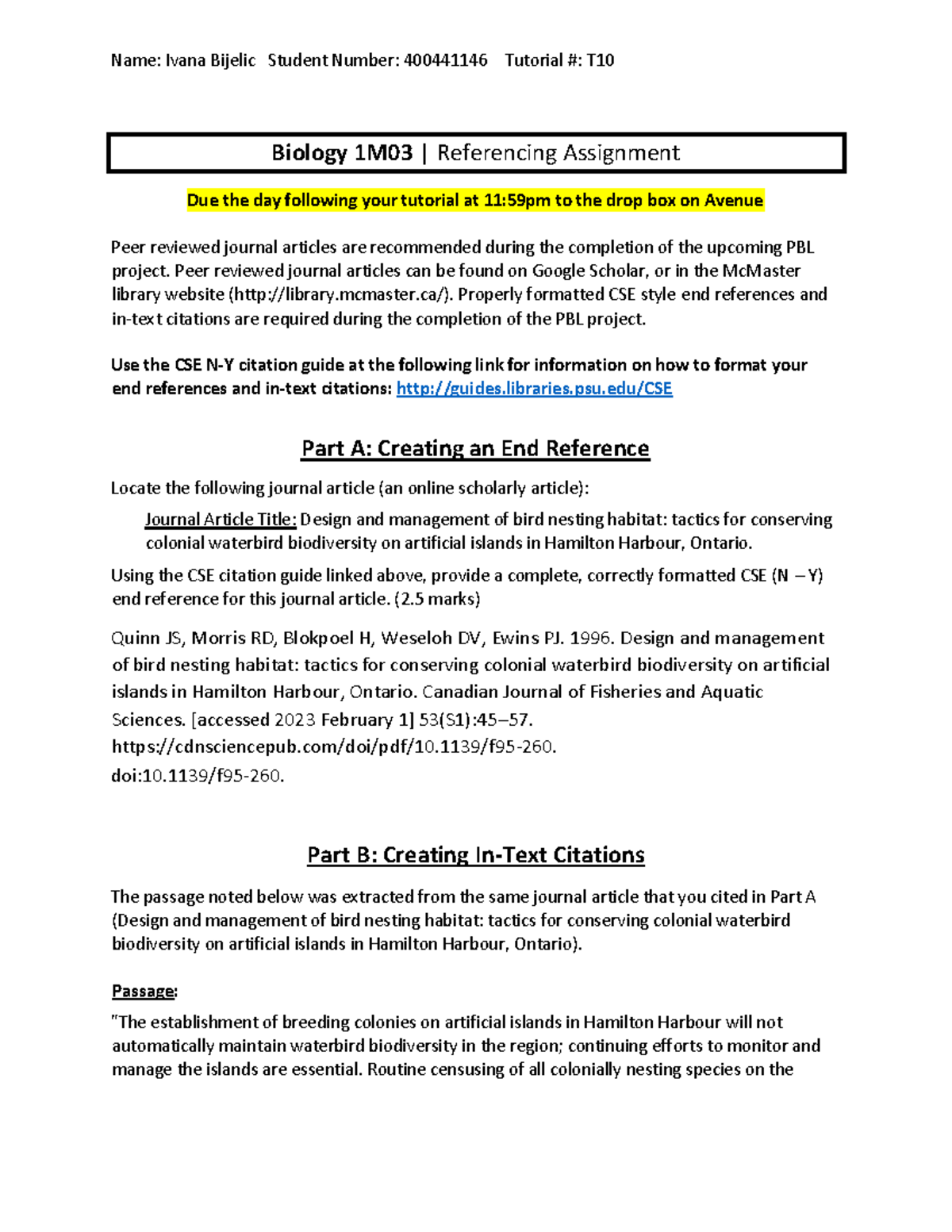 Tutorial 1 Referencing Assignment - W23 - Name: Ivana Bijelic Student Number: 400441146 Tutorial ...