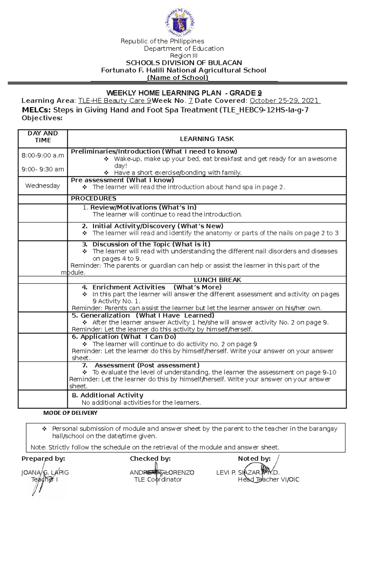 WHLP TLE 9 ( Beauty Care) Quarter 1 Week 7 - Republic of the ...