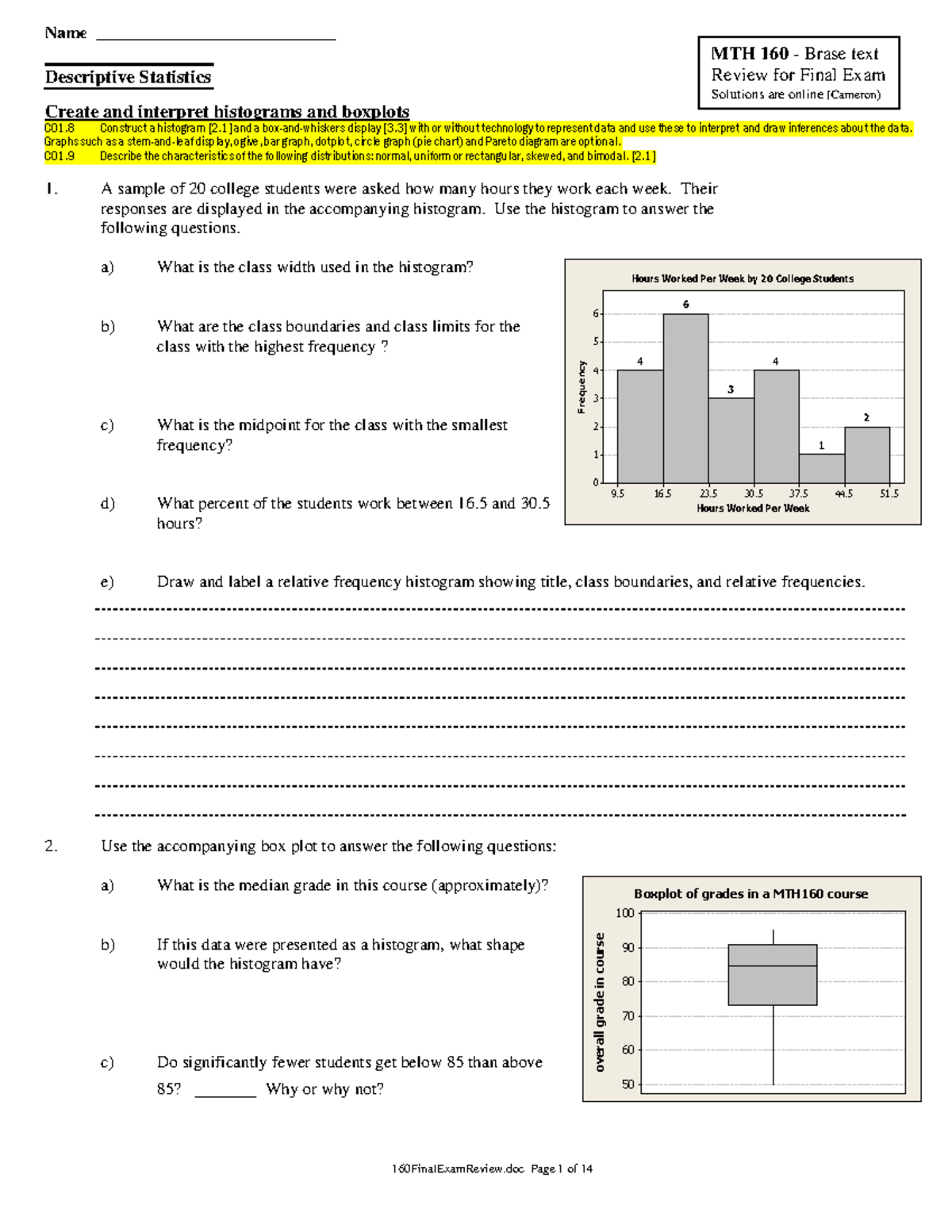 160Final Exam Review - Name ____________________________ Descriptive ...