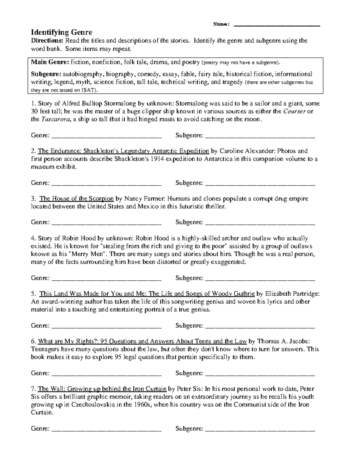 14 - identifying-genre-worksheet - Name ...