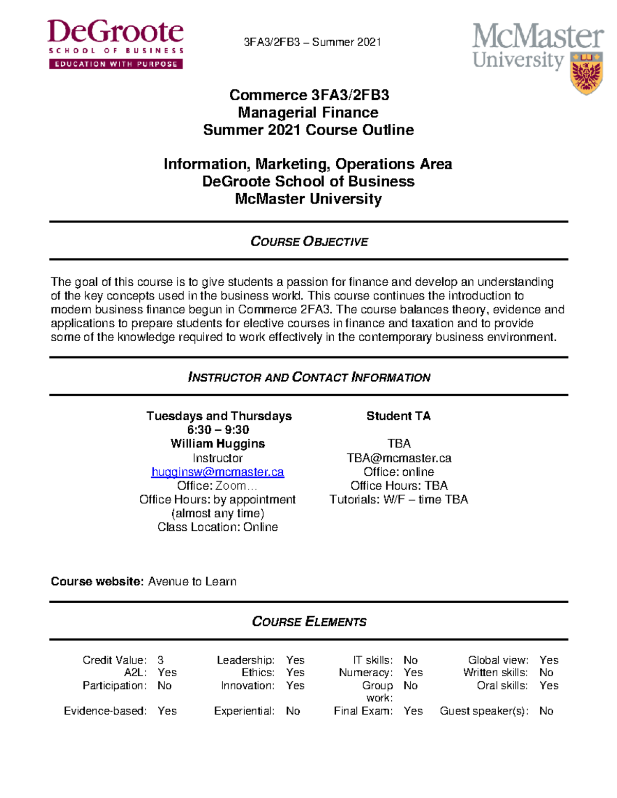 2FB3 3FA3-S21-Huggins-1 Finance McMaster Uni - 3FA3/2FB3 – Summer 2021 ...
