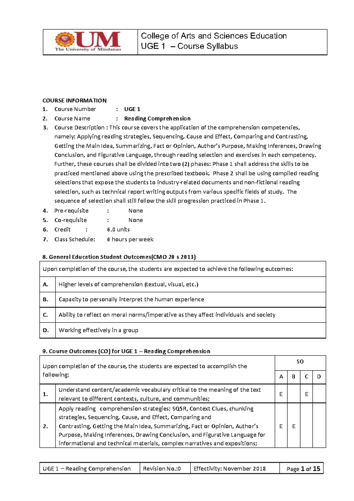 UGE 1 Reading Comprehension - UGE 1 – Course Syllabus COURSE ...