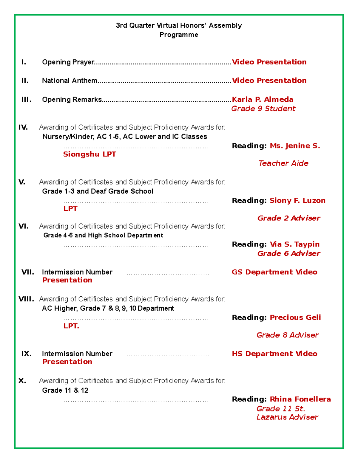 2ND- Quarter- Programme - 3rd Quarter Virtual Honors’ Assembly ...