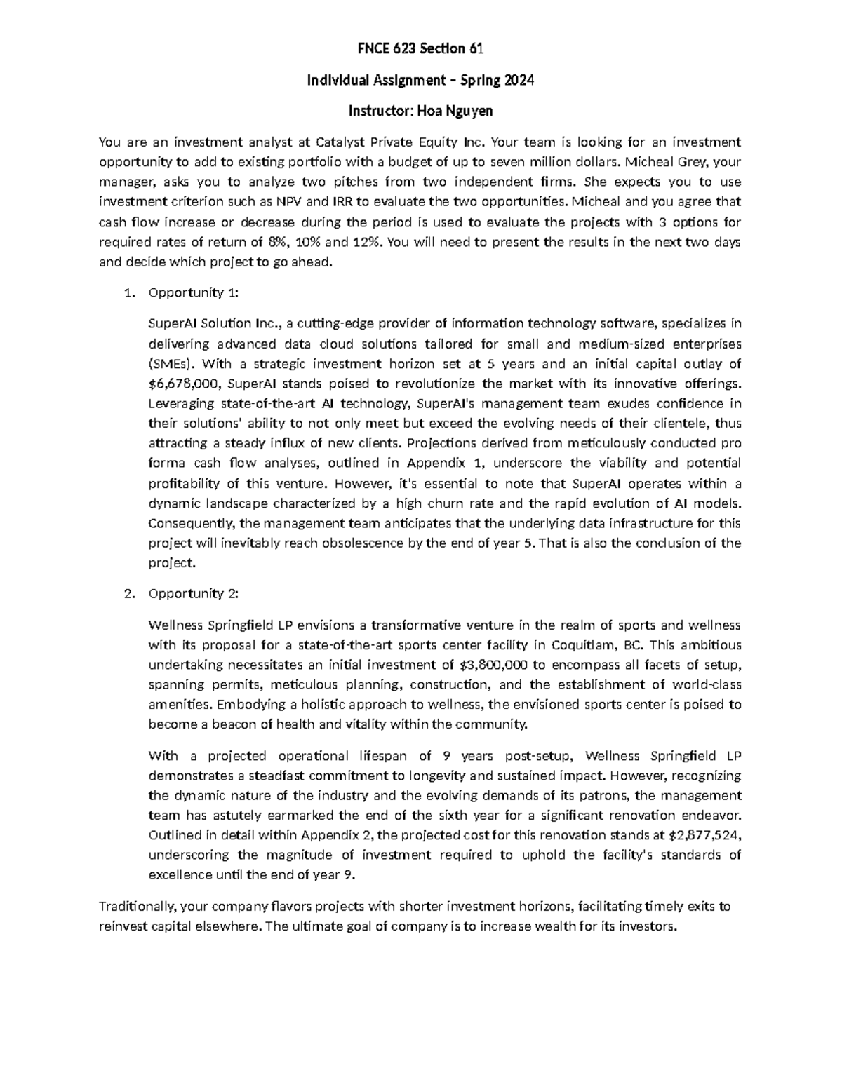 FNCE 623 Individual Assignment Spring 2024 - FNCE 623 Section 61 ...