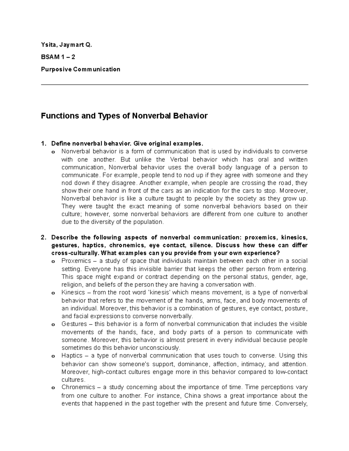 Define nonverbal behavior - Ysita, Jaymart Q. BSAM 1 – 2 Purposive ...