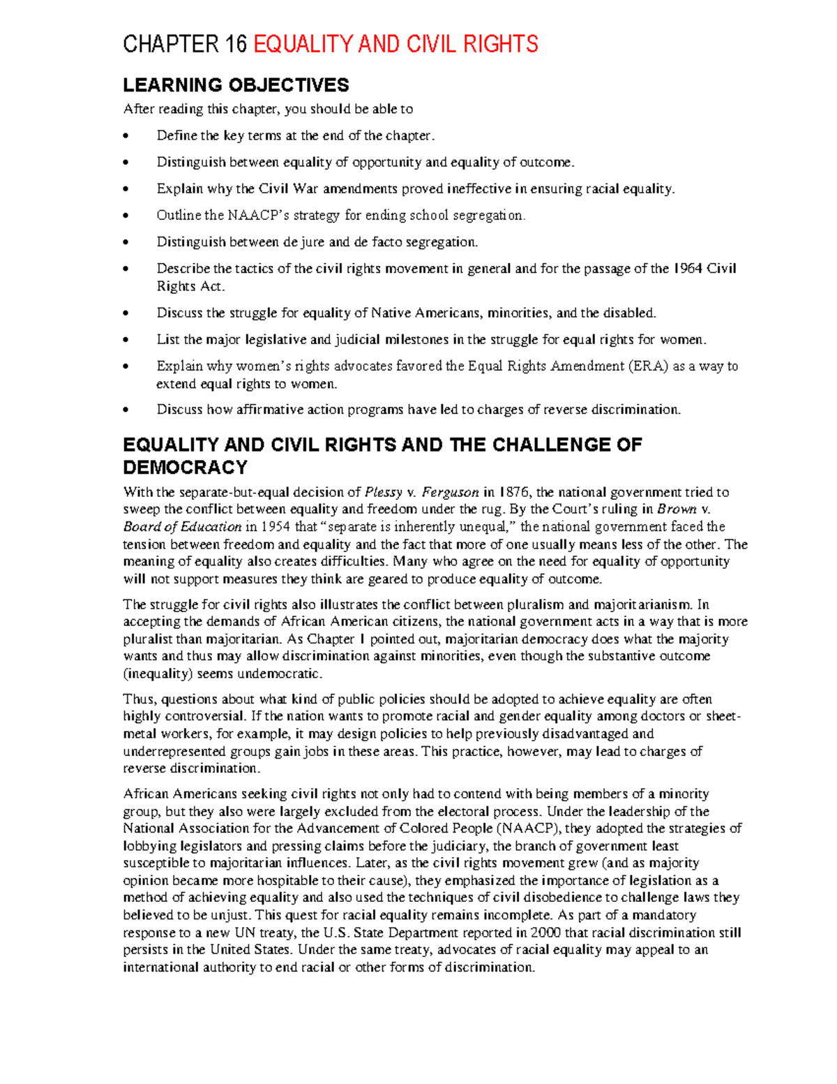 Ch16 Equality and Civil Rights Exam - CHAPTER 16 EQUALITY AND CIVIL ...