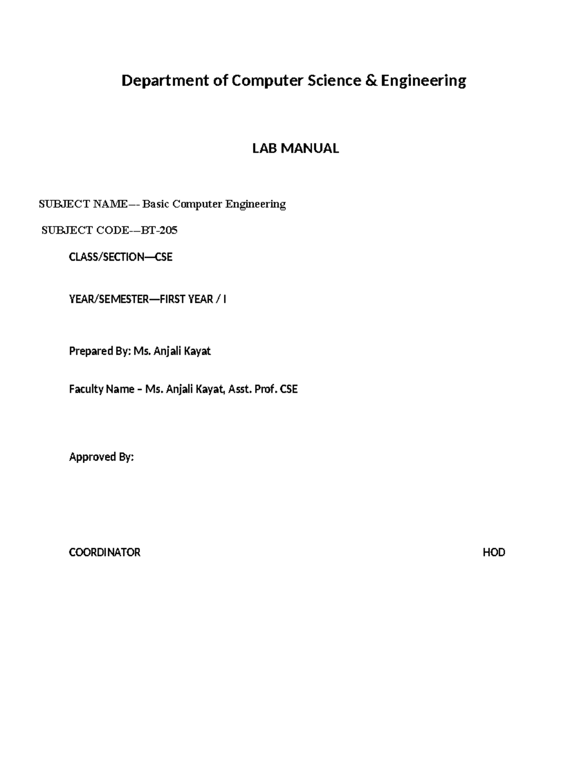 BCE BT 205 LAB Manual (1) - Department of Computer Science & Engineering LAB MANUAL SUBJECT ...