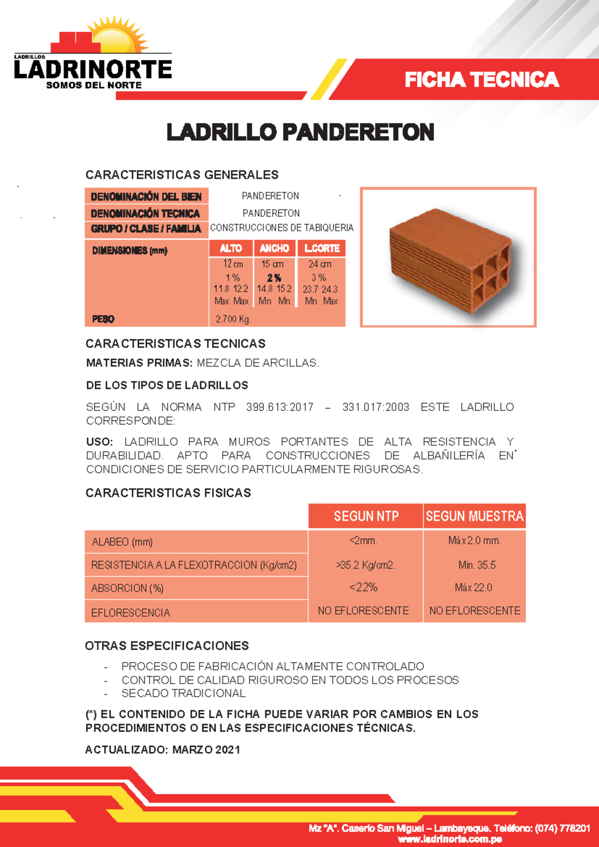ladrillo pandereta - CARACTERISTICAS GENERALES LADRILLO PANDERETON ...
